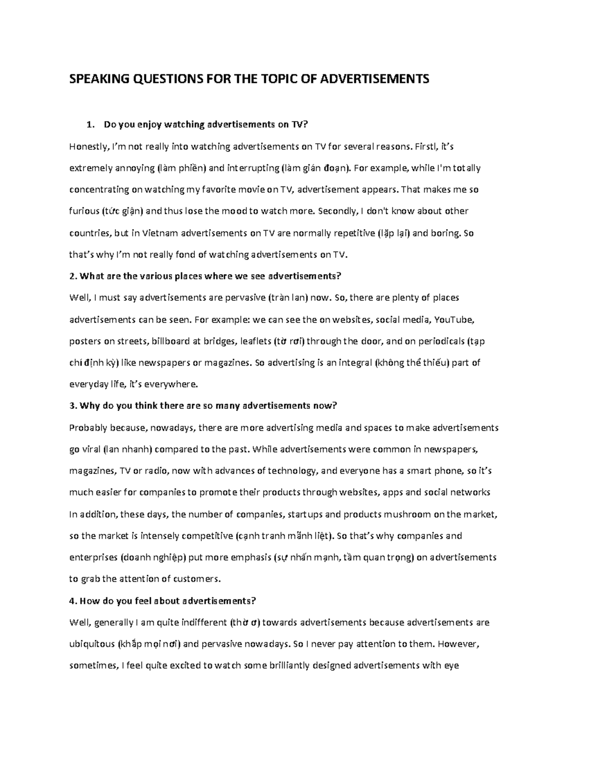 SPEAKING QUESTIONS ON ADVERTISEMENTS - UNIT 6 - Studocu