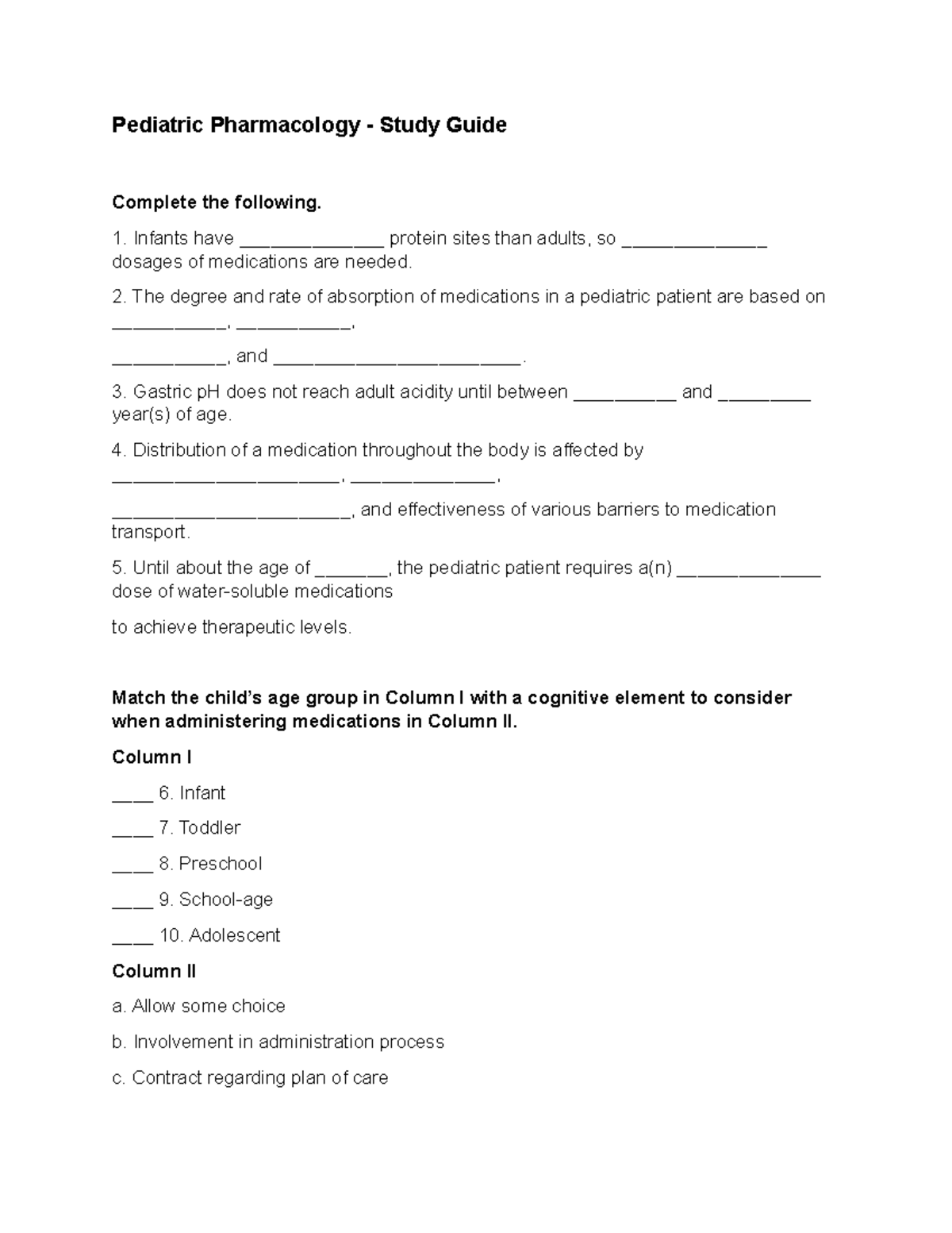 Pediatric Pharmacology - Study Guide - Pediatric Pharmacology - Study ...
