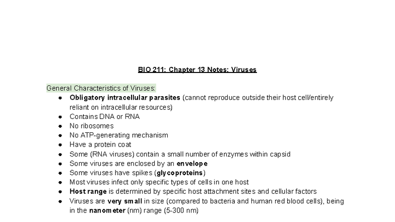 BIO 211: Chapter 13 Notes on Viruses and Their Characteristics - Studocu
