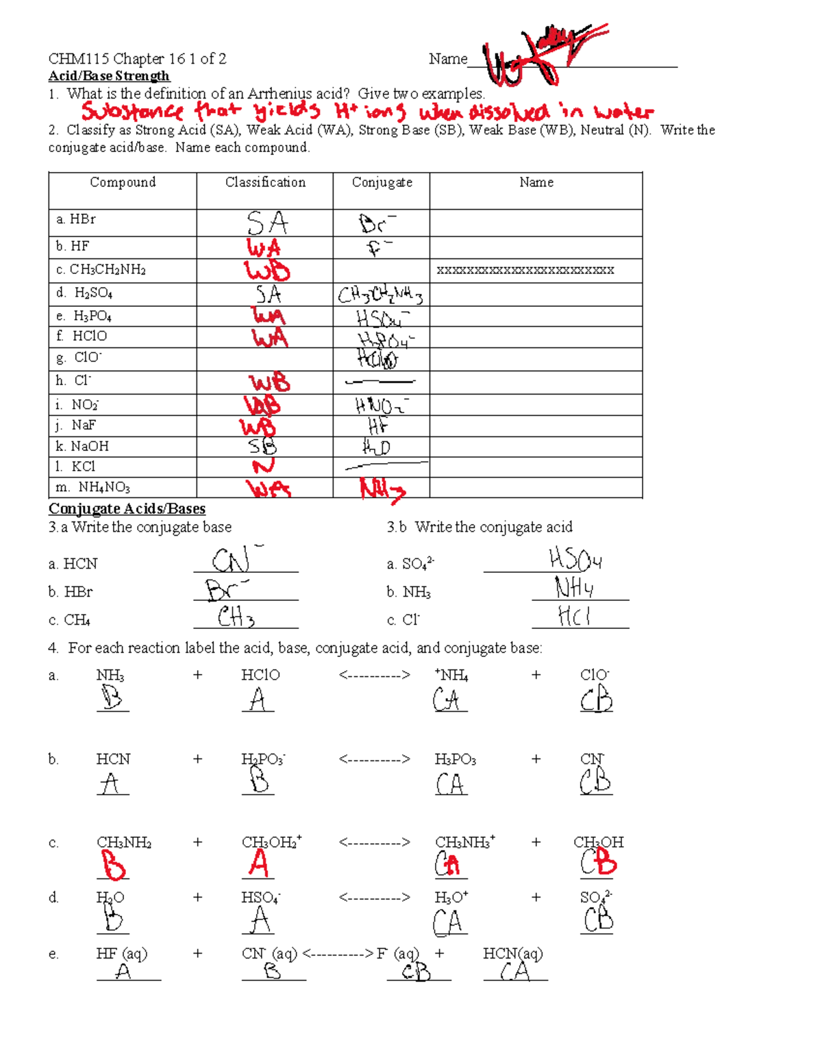 Ch 16 Acid/Base Strength Worksheet Problems - Key Concepts and Examples ...