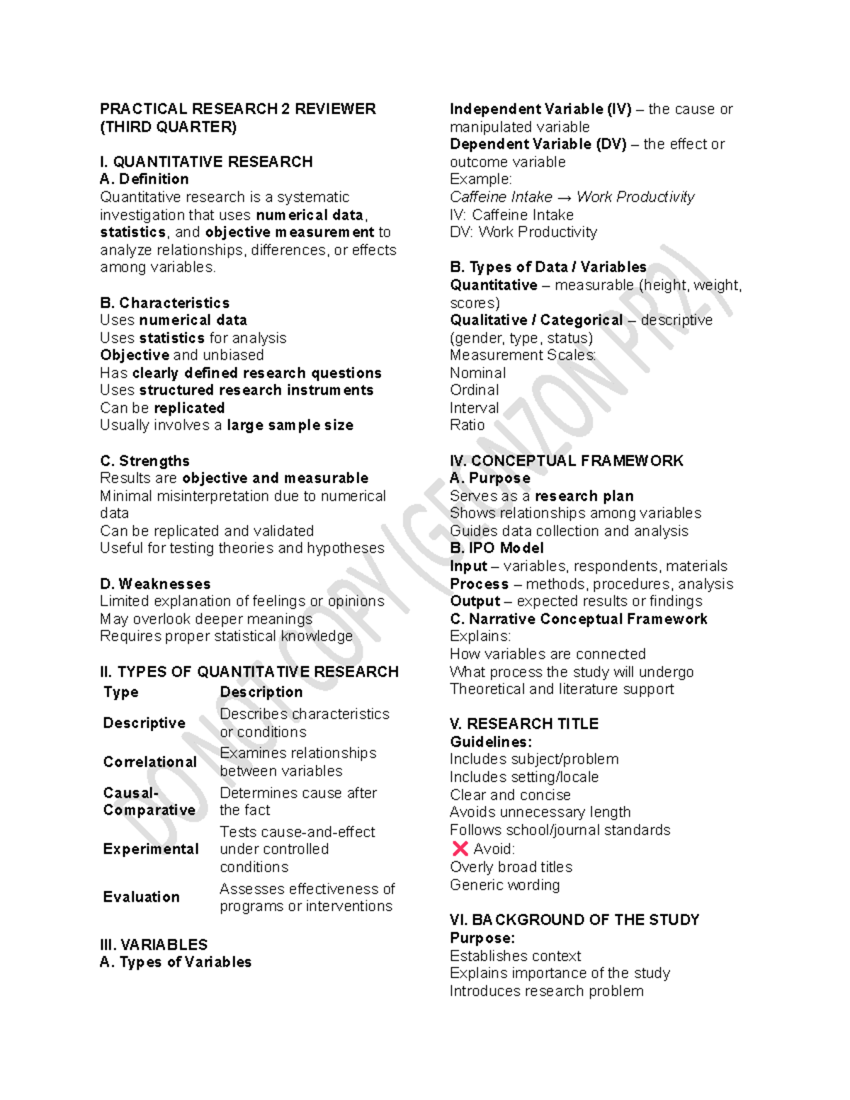 PRACTICAL RESEARCH 2 REVIEWER: QUANTITATIVE RESEARCH GUIDE - Studocu
