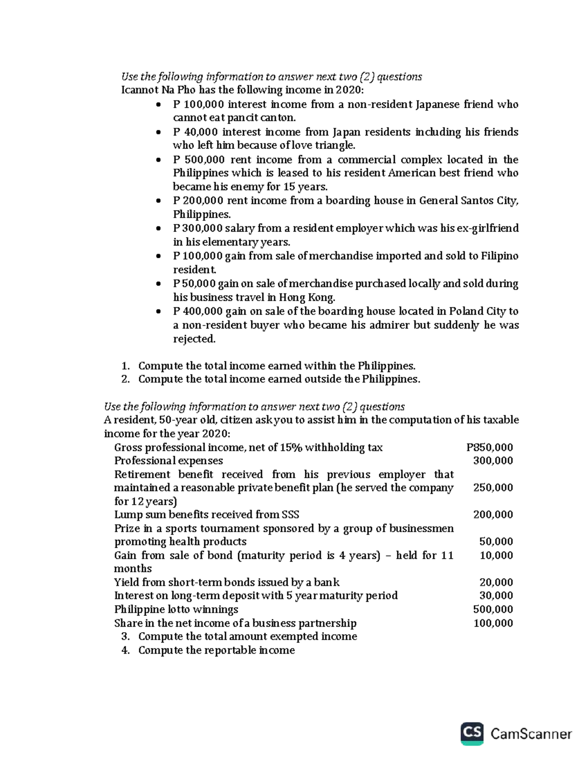 TAX Practical - Practice Problems for Income Taxation - Use the ...