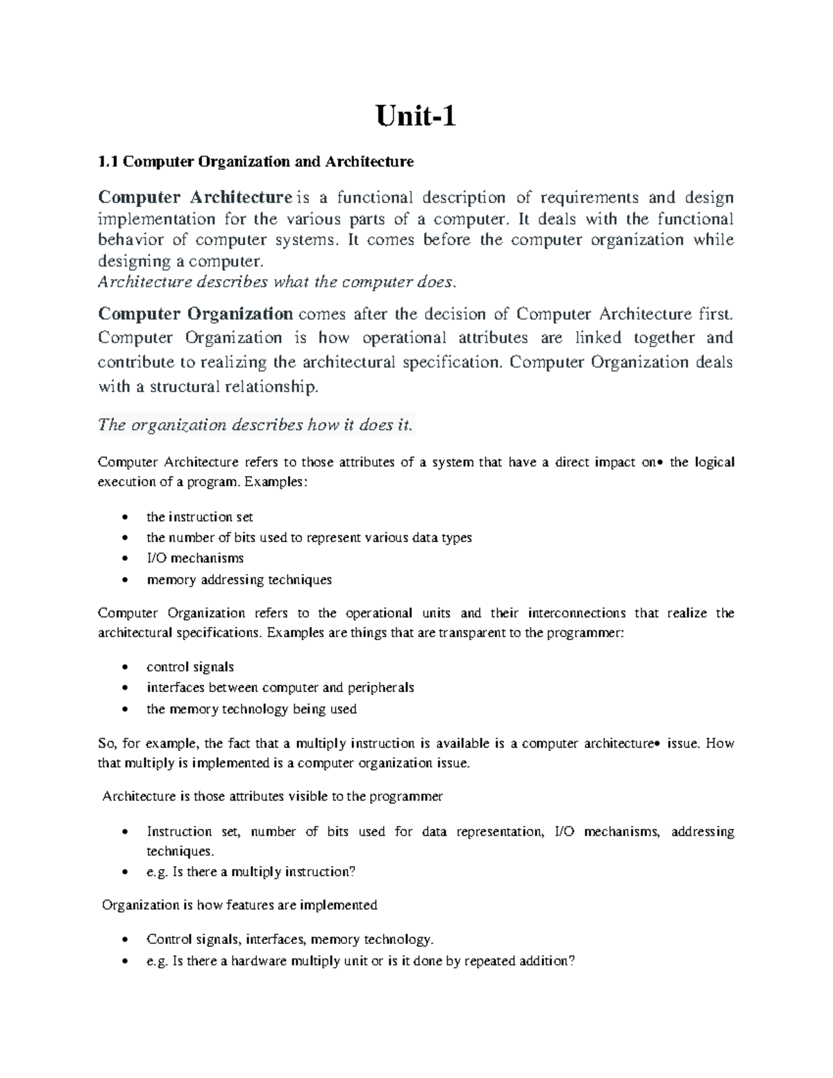 Unit 1 - Computer Organization & Architecture Notes (CS101) - Studocu