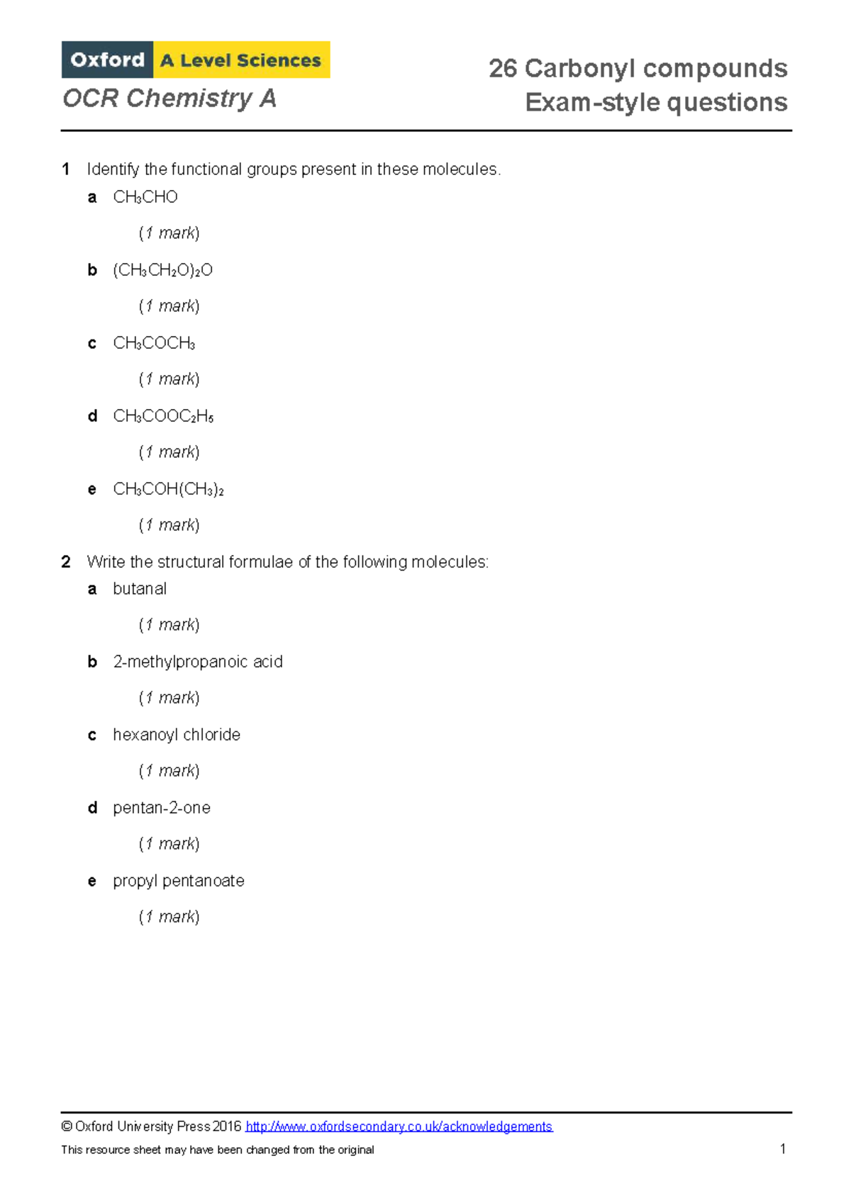 OCR Chemistry A Level 26 Carbonyl Compounds Exam Style Questions - Studocu