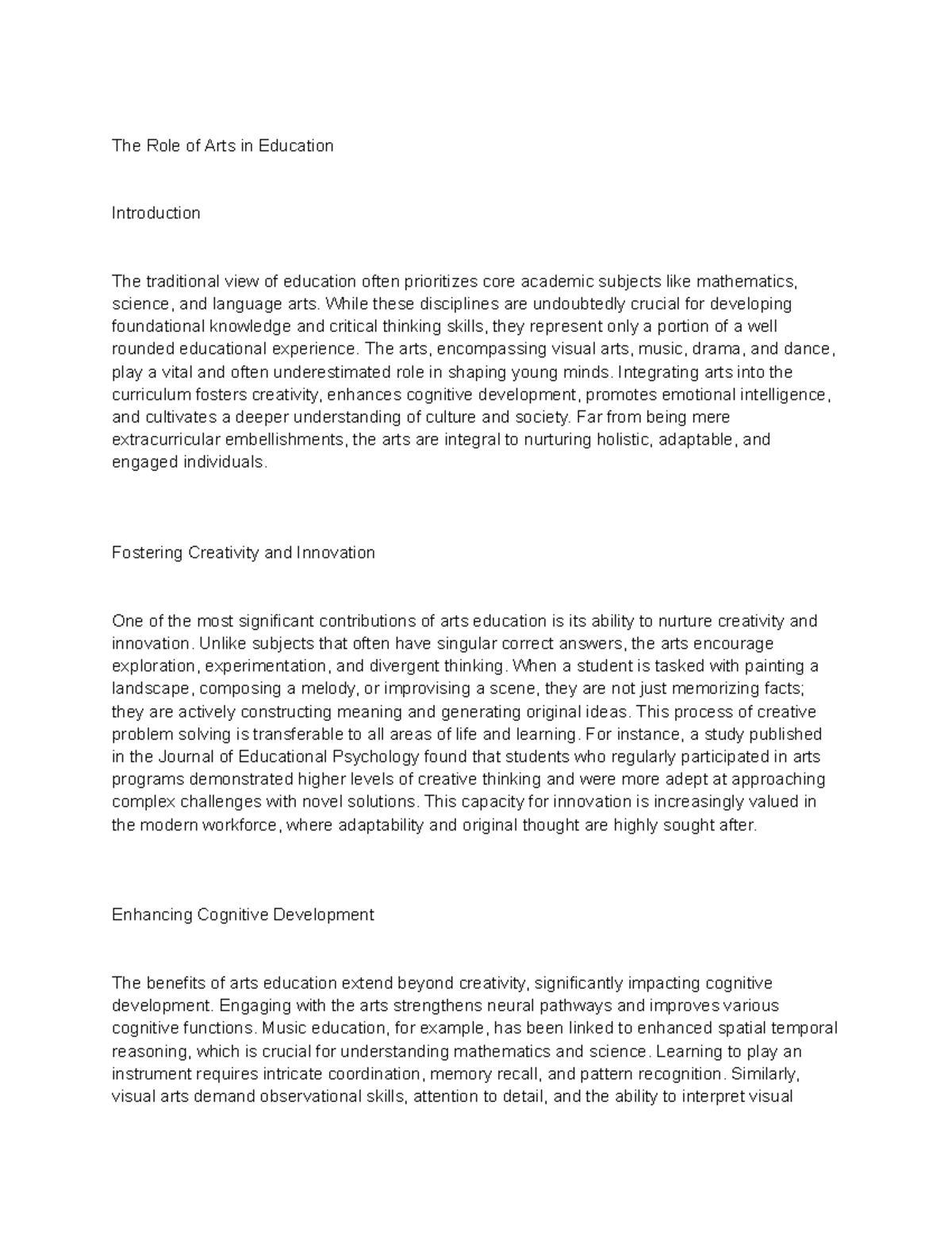 The Role of Arts in Education: Enhancing Creativity & Culture - Studocu