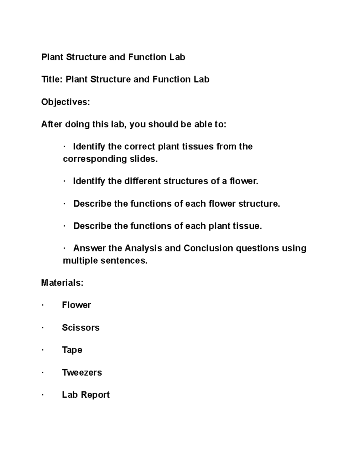 06 - BIO - Plant Structure and Function Lab Title: Plant Structure and ...