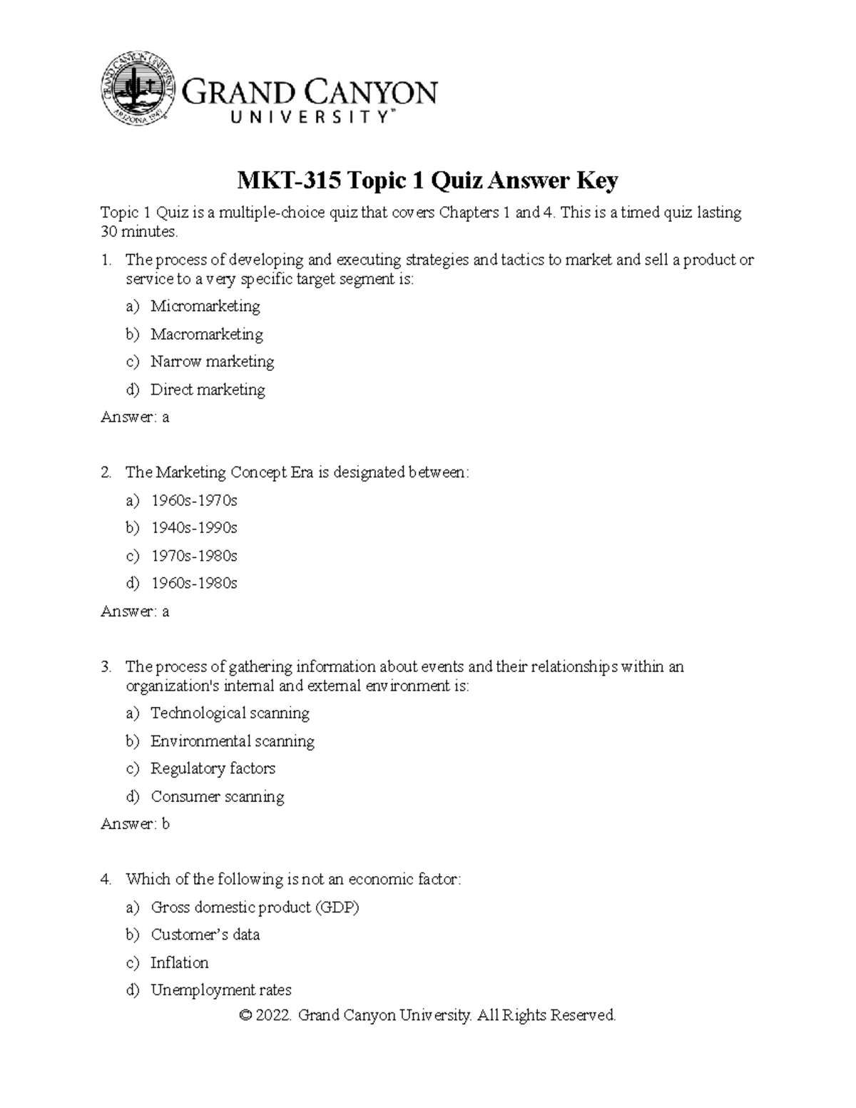 MKT 315 Topic 1 Quiz Answer Key - Multiple Choice Solutions - Studocu