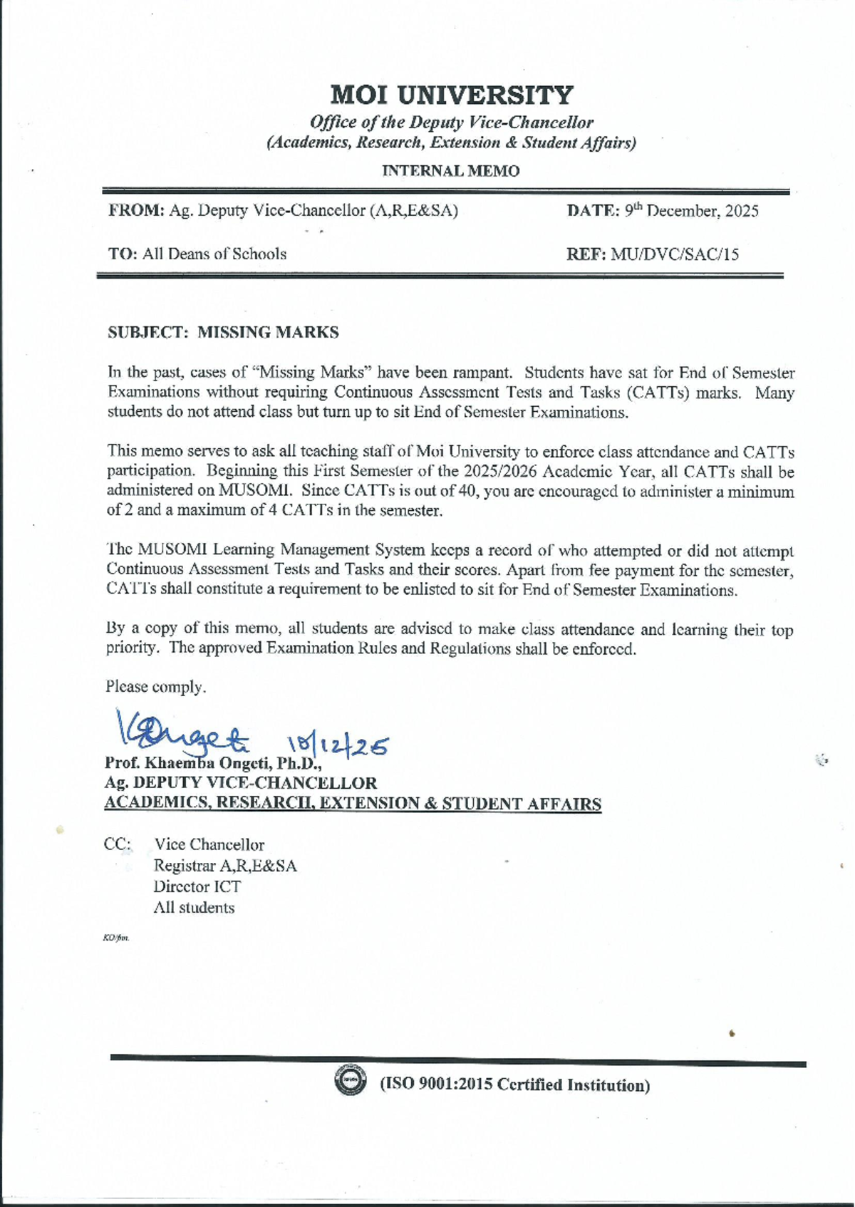 MOI UNIVERSITY Memo: Missing Marks & CATTs Enforcement - Studocu