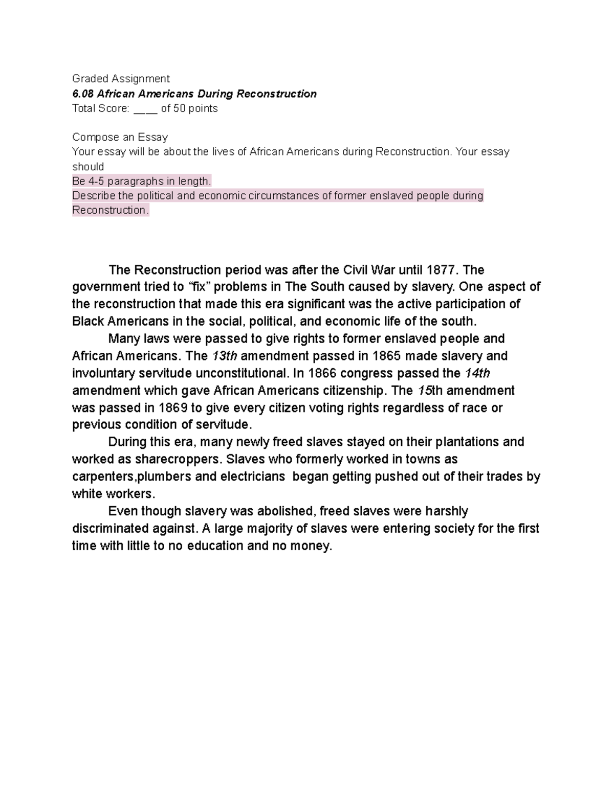 African Americans' Lives in Reconstruction: An Essay Overview - Studocu