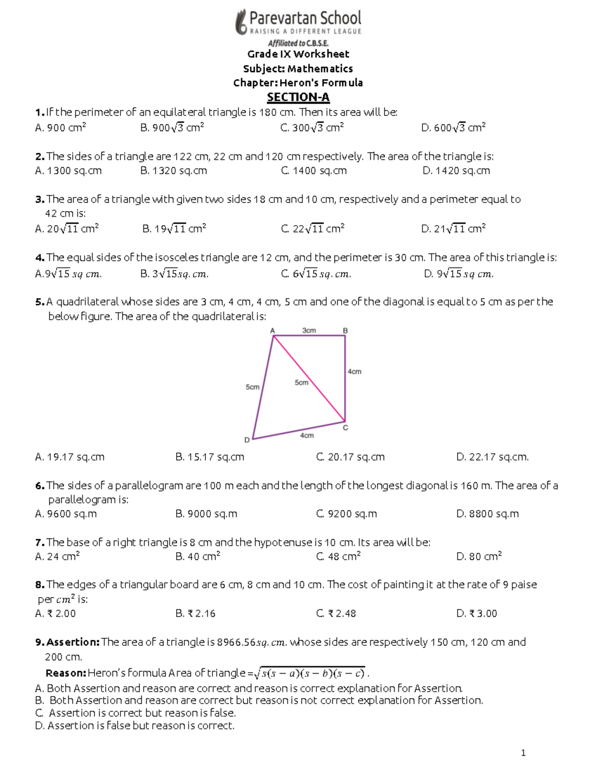 Grade IX Mathematics CH-10 Area and Perimeter Worksheet - Studocu