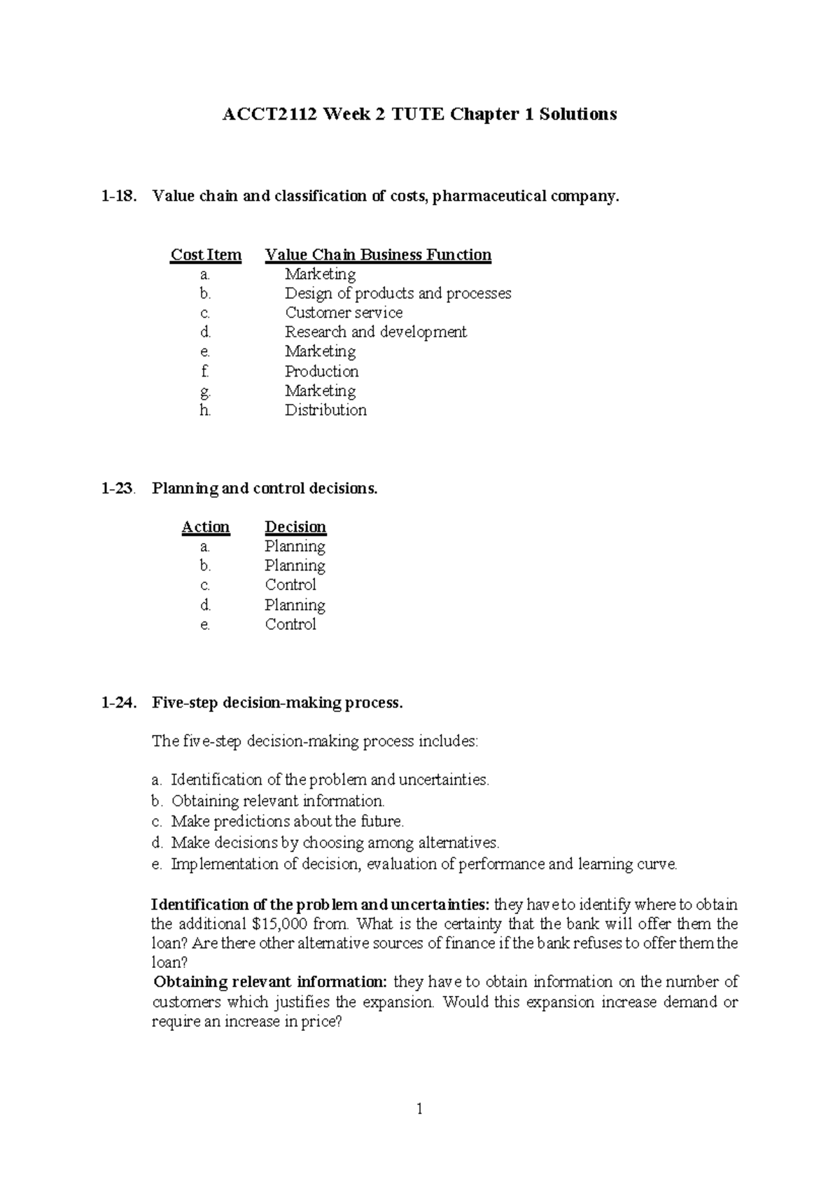 ACCT2112 Week 2 TUTE: Chapter 1 Cost Solutions & Value Chain Analysis - Studocu