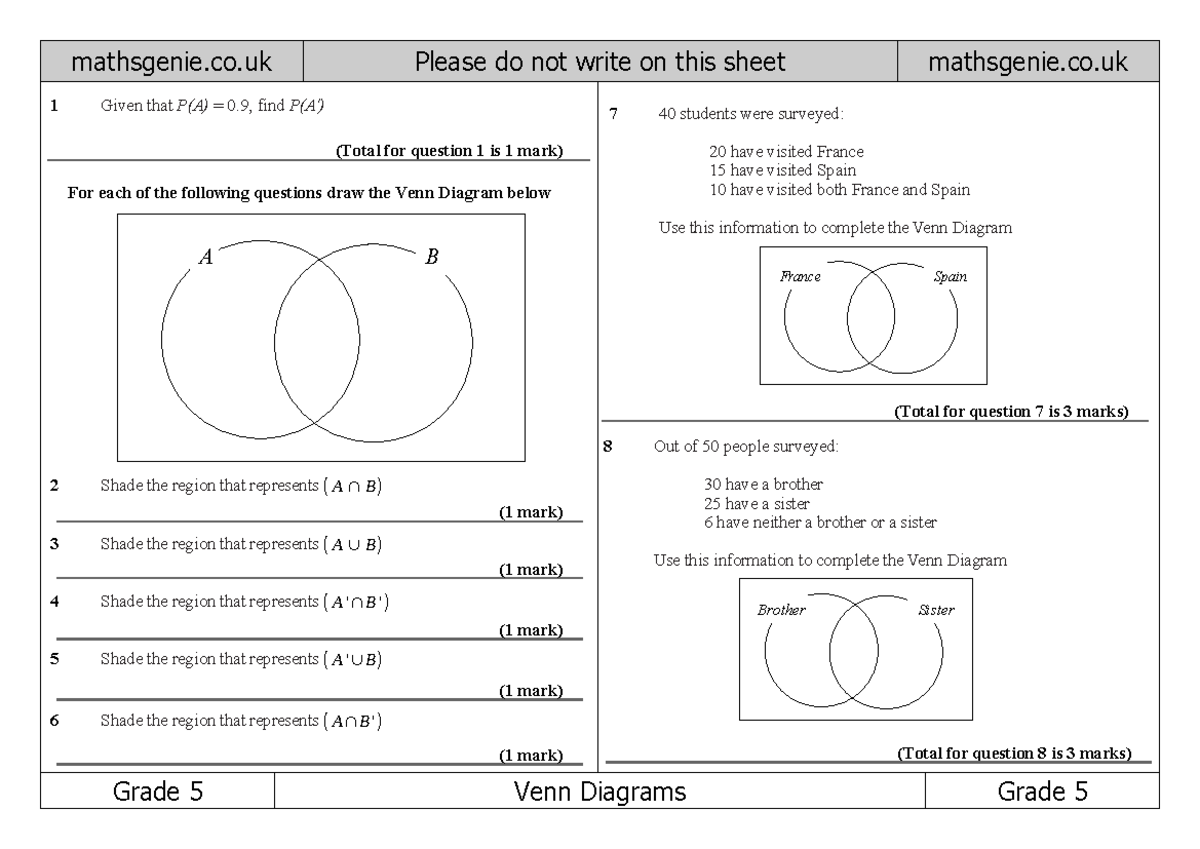 Grade 5 Venn Diagrams Worksheet - MathsGenie.co.uk - Studocu