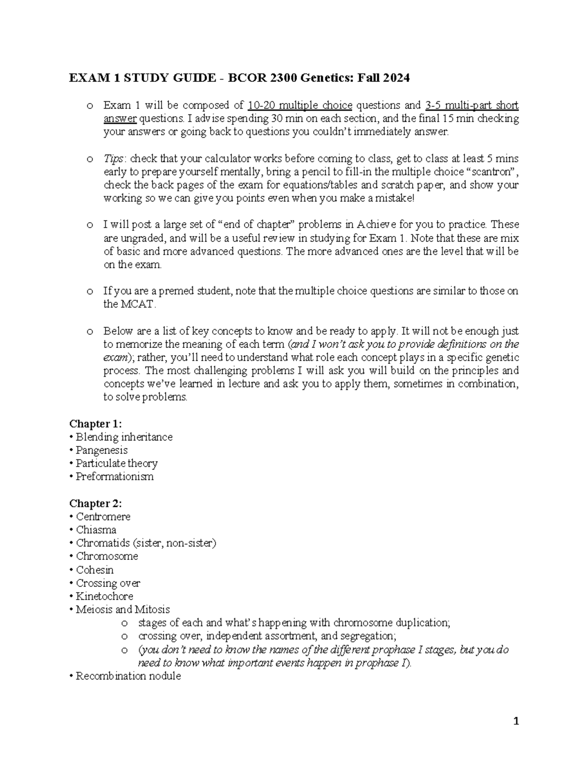 Exam 1 Study Guide - BCOR 2300 Genetics: Fall 2024 - EXAM 1 STUDY GUIDE ...