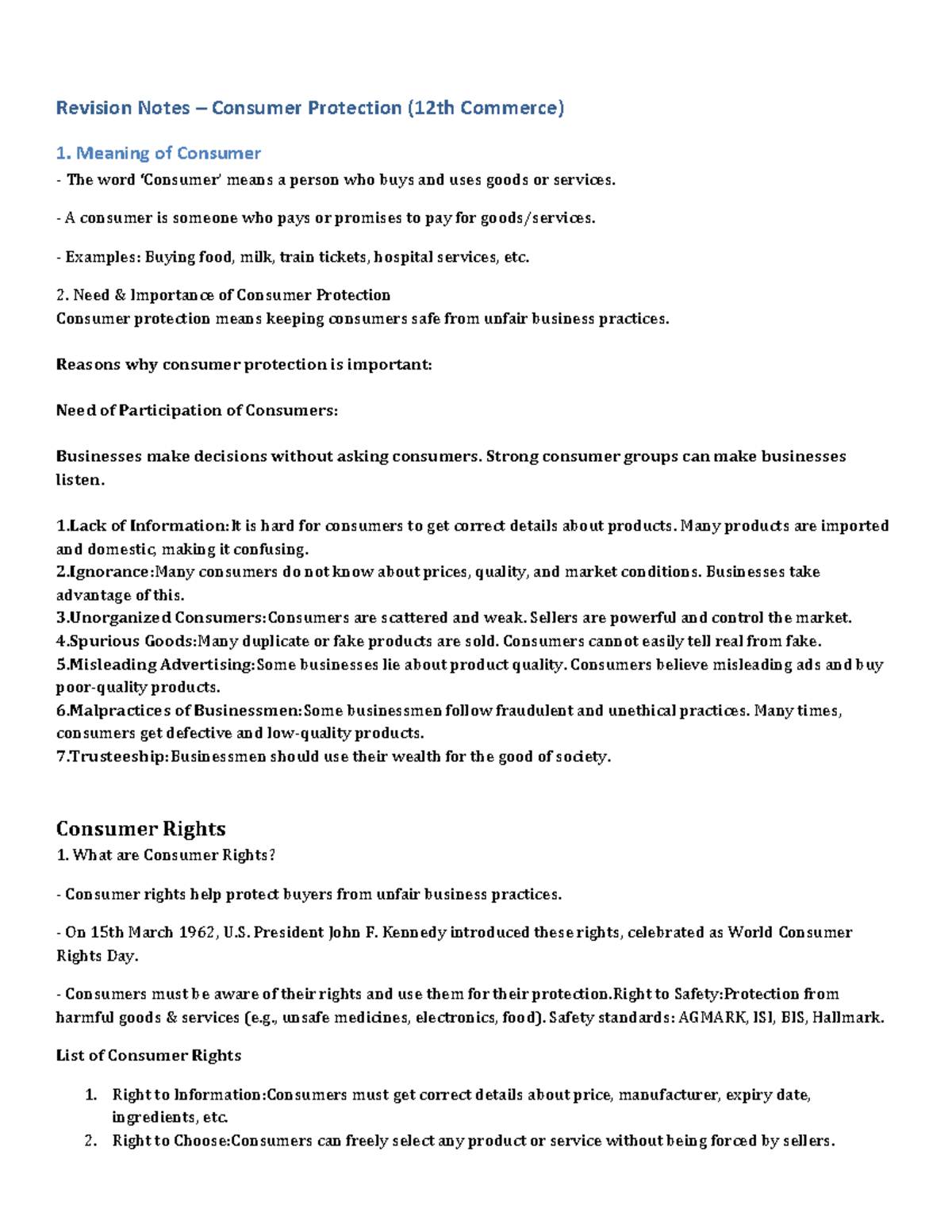 Revision Notes on Consumer Protection (12th Commerce) - Studocu