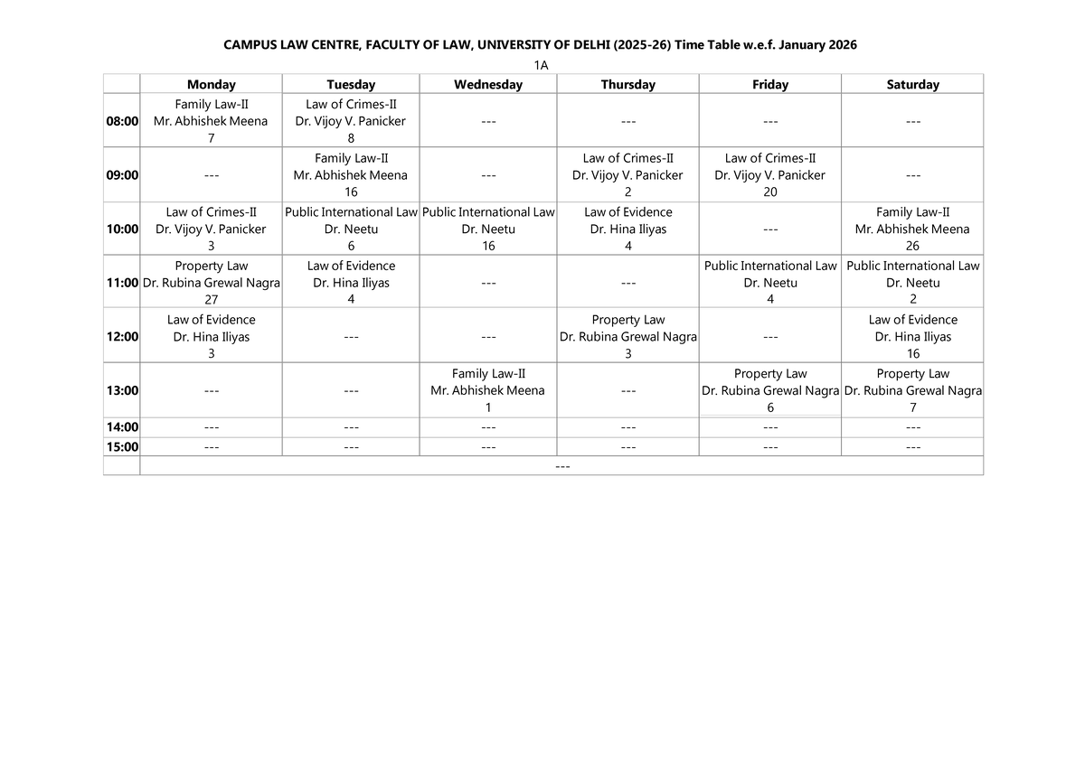 CAMPUS LAW CENTRE, FACULTY OF LAW, UNIVERSITY OF DELHI Timetable (Jan ...