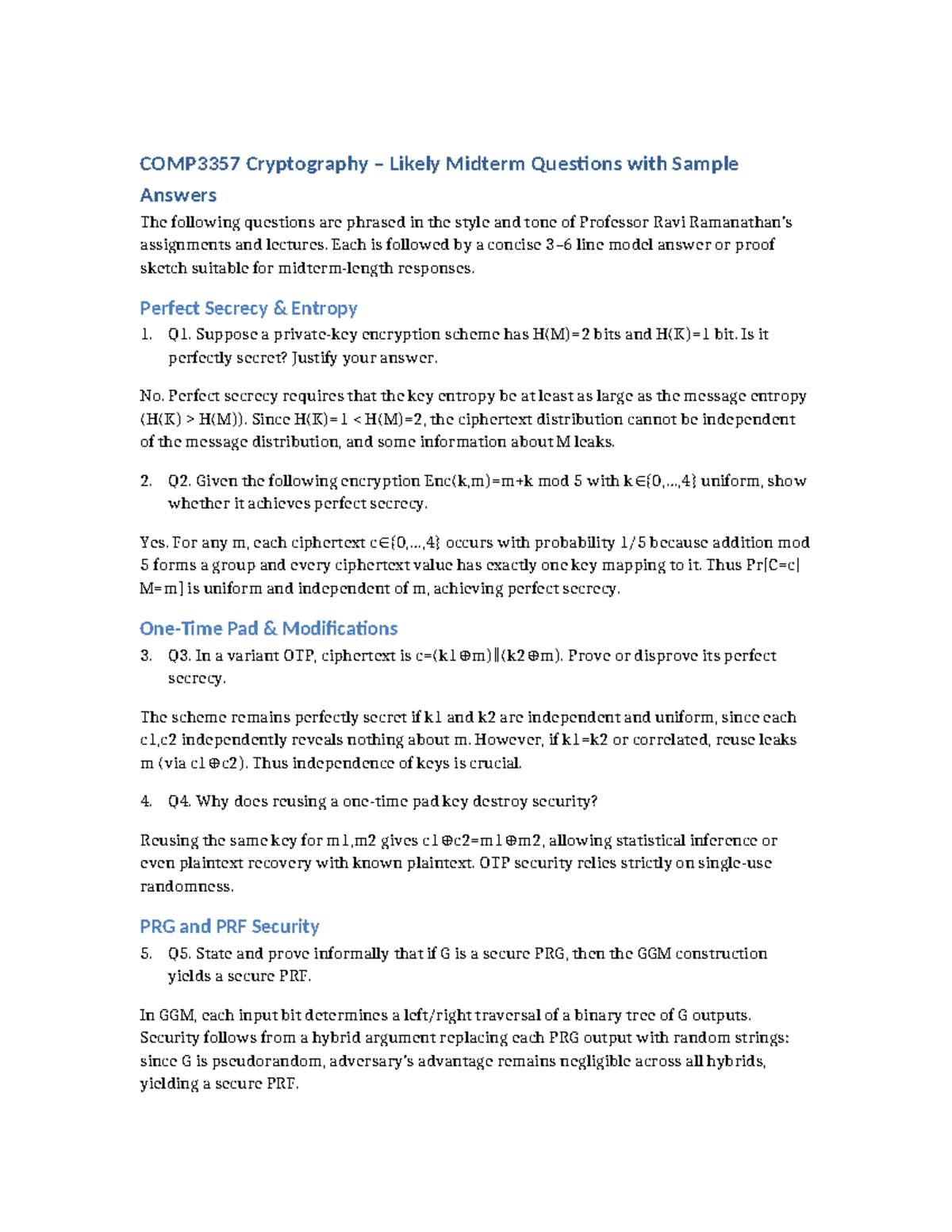 COMP3357 Cryptography Likely Midterm Qs with Sample Answers - Studocu