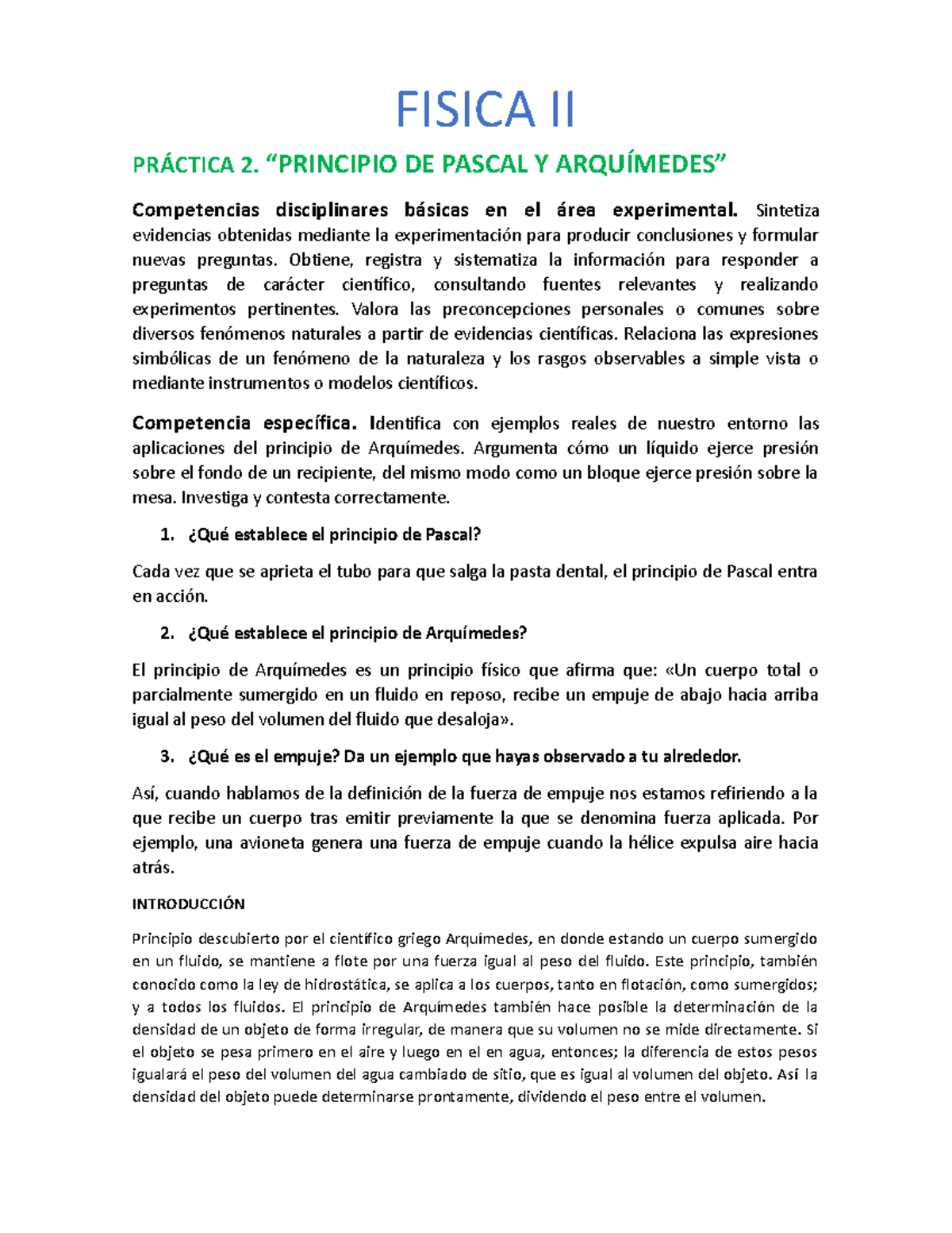 Práctica 2: Principios de Pascal y Arquímedes en Física II - Studocu