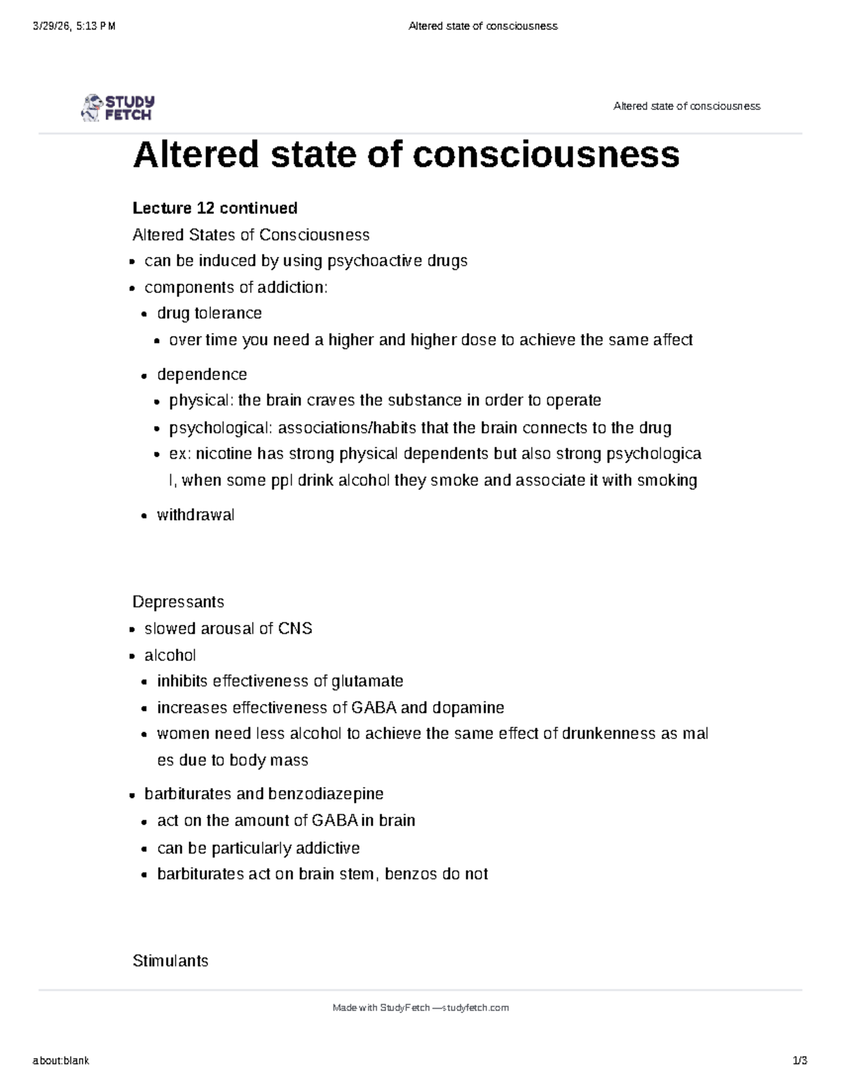 PSY 101: Lecture 12 - Altered States of Consciousness Notes - Studocu