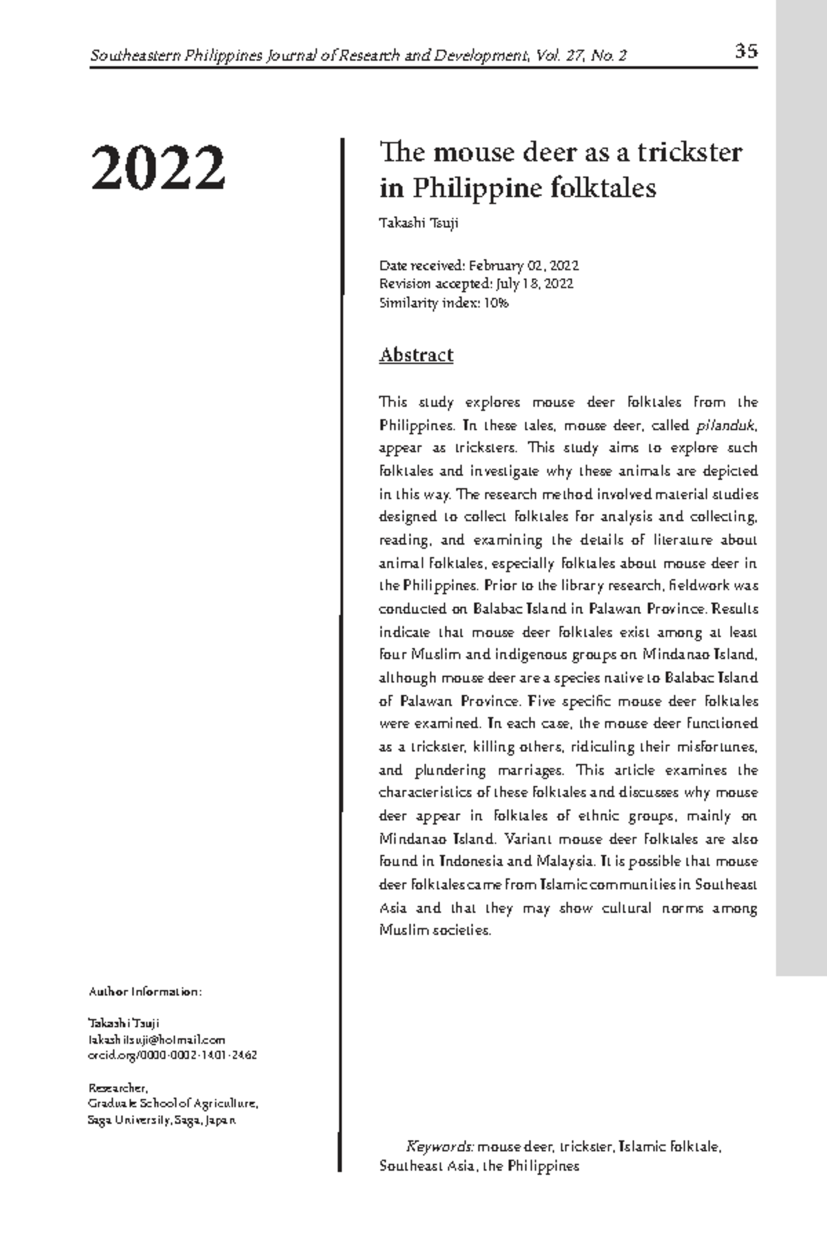 Philippine Folktales: The Mouse Deer as a Trickster (Vol. 27, No. 2 ...