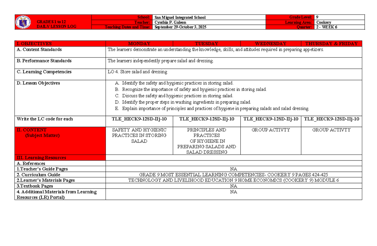 Q2 WEEK 6 Daily Lesson Log for Cookery 9 - Studocu