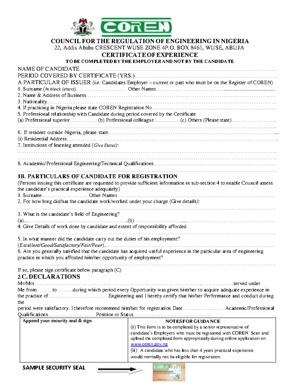 Certificate of Experience for COREN Registration - Updated - Studocu