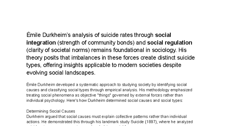 Sociology 101: Durkheim's Theory of Suicide and Social Forces - Studocu