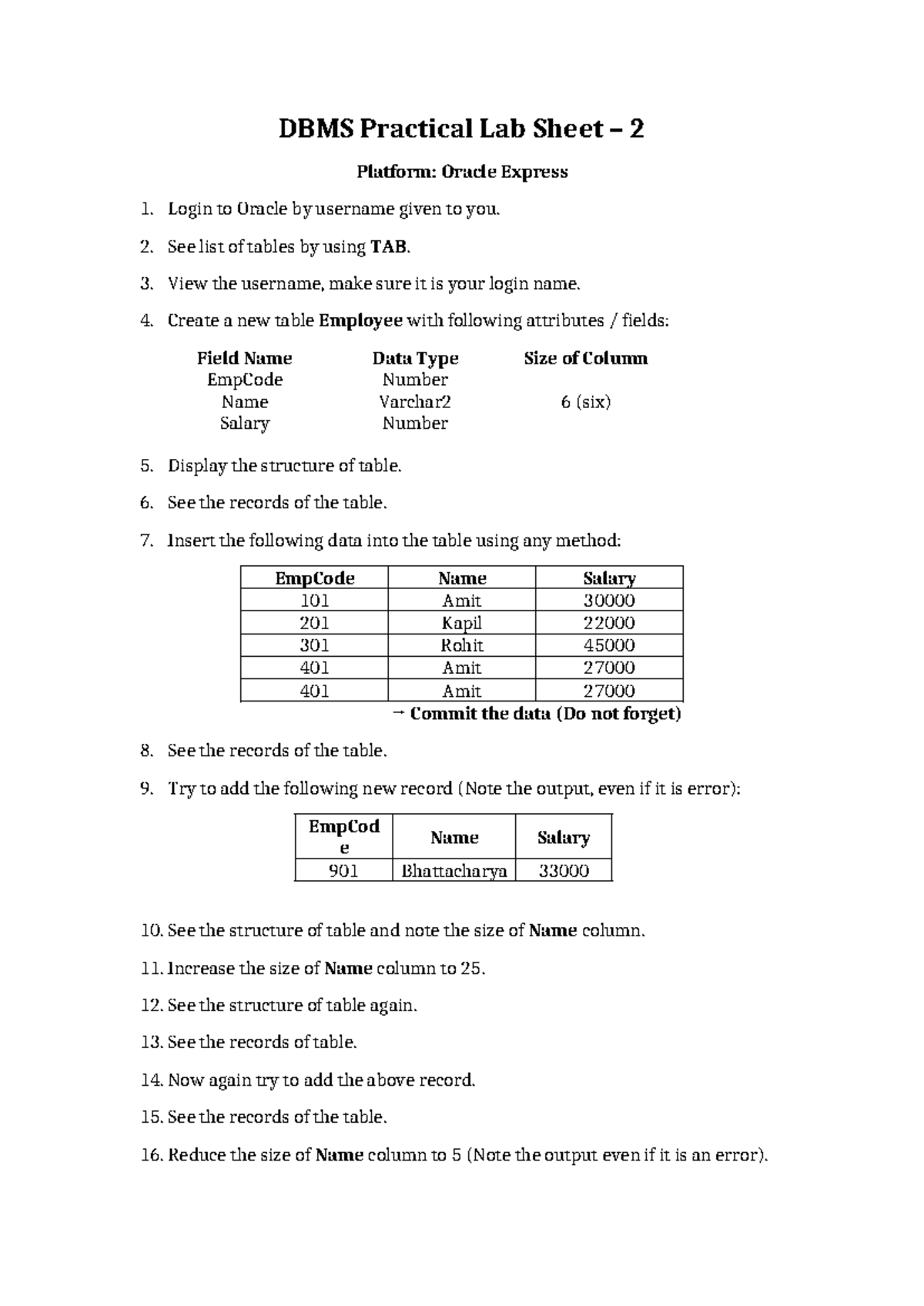 DBMS Practical Lab Sheet 2: Oracle Express Exercises - Studocu