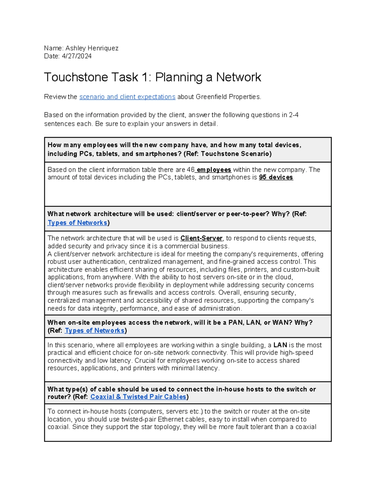 Touchstone Task 1: Network Infrastructure Planning & Analysis - Studocu