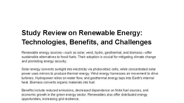 Study 8: Review of Renewable Energy Technologies and Challenges - Studocu