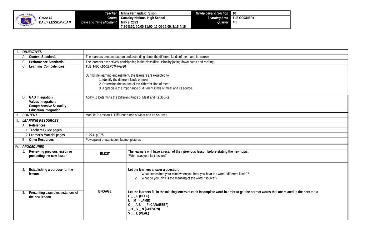Grade 10 TLE COOKERY Lesson Plan: Different Kinds of Meat & Sources ...