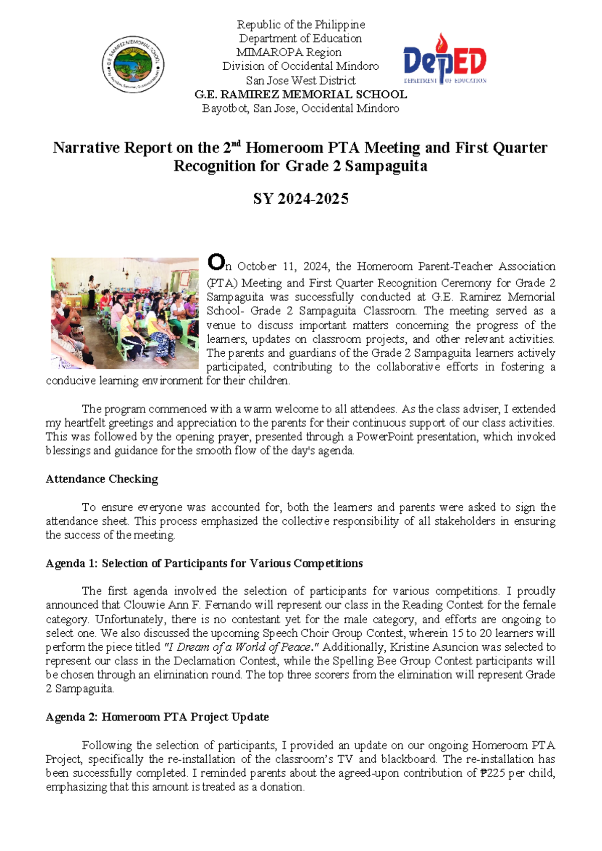 Narrative Report: 2nd Grade Sampaguita PTA Meeting & 1st Qtr ...