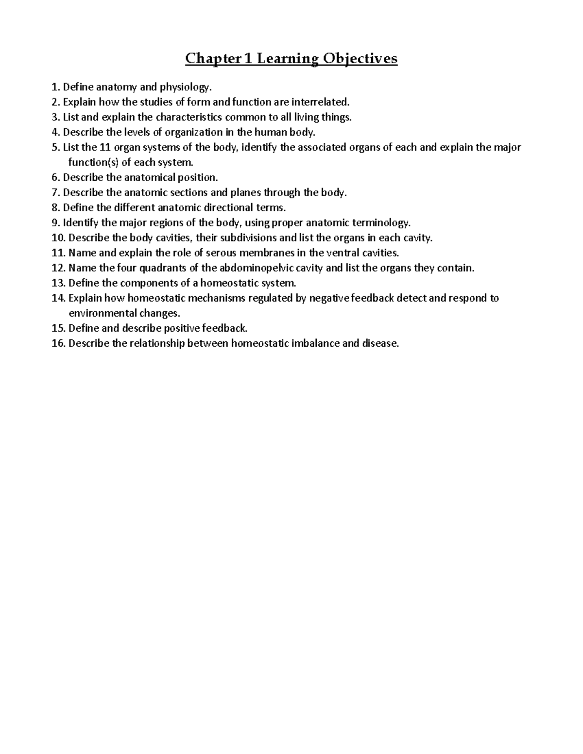 Anatomy & Physiology: Chapter 1 Learning Objectives (Course Code) - Studocu