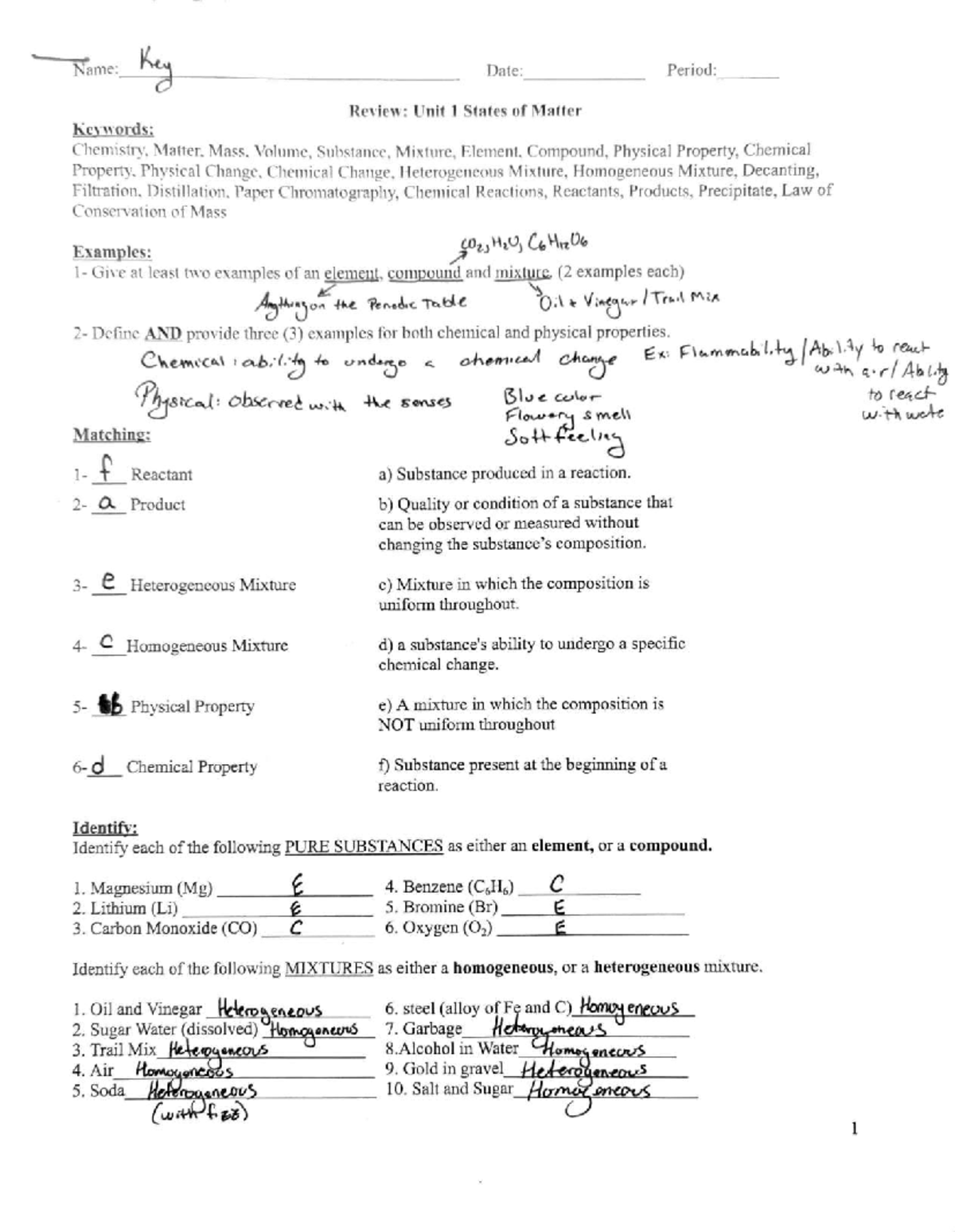 Test Review Key for Chemistry Exam: Unit 1 States of Matter - Studocu