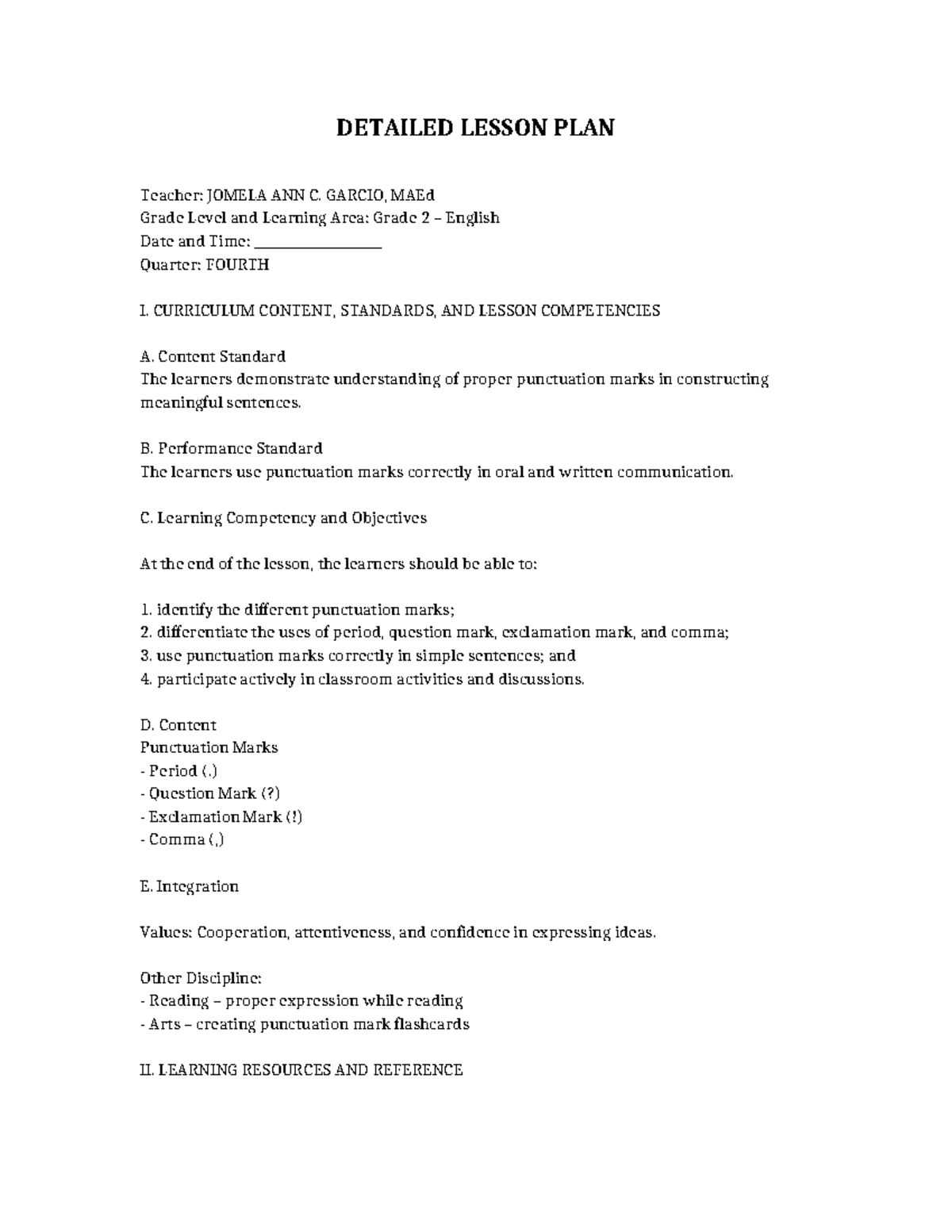 Detailed Lesson Plan: Punctuation Marks for Grade 2 English - Studocu