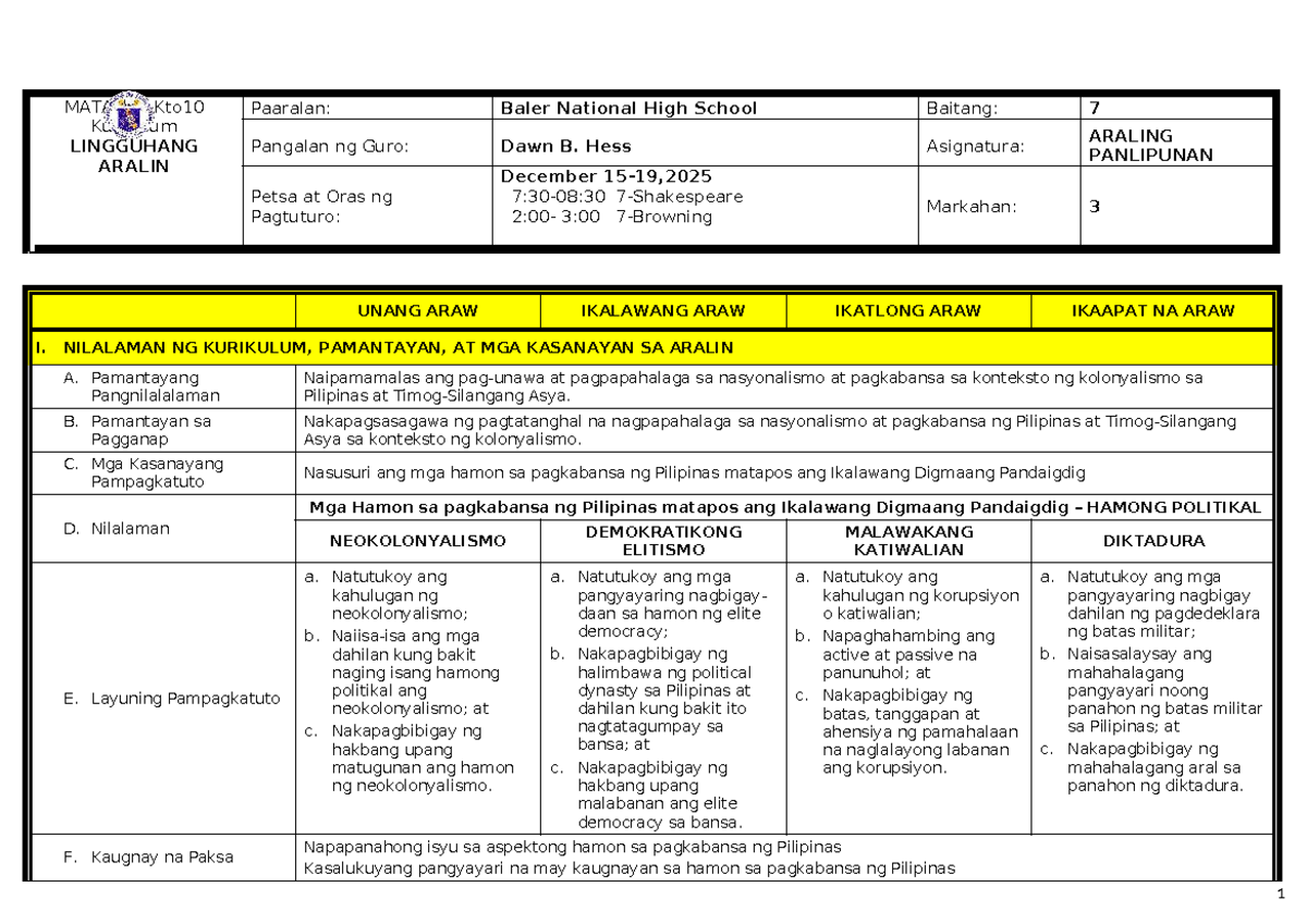 AP7 Q3 Week 3 - Matatag Lesson Plan on Nationalism and Colonialism ...