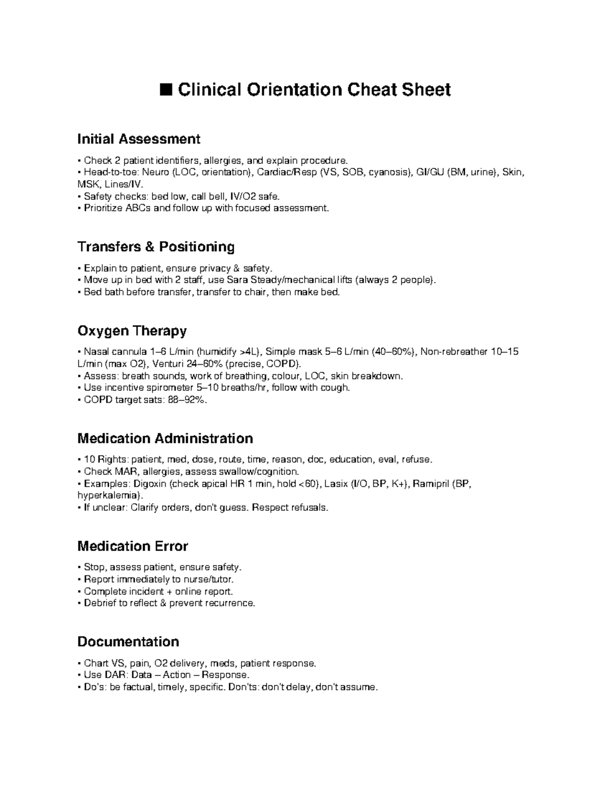 Clinical Orientation Cheat Sheet: Initial Assessment & Procedures - Studocu