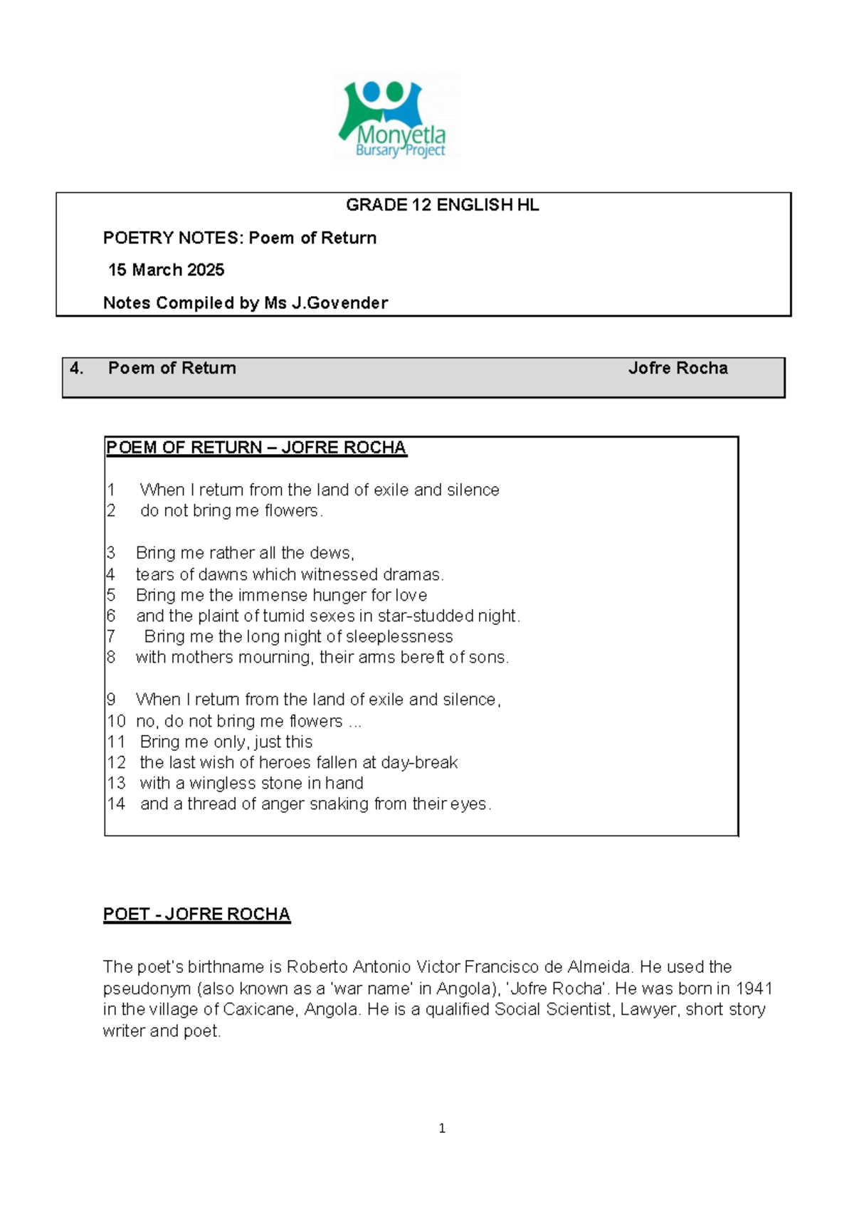 GRADE 12 ENGLISH HL POETRY NOTES: Analysis of "Poem of Return" by Jofre ...