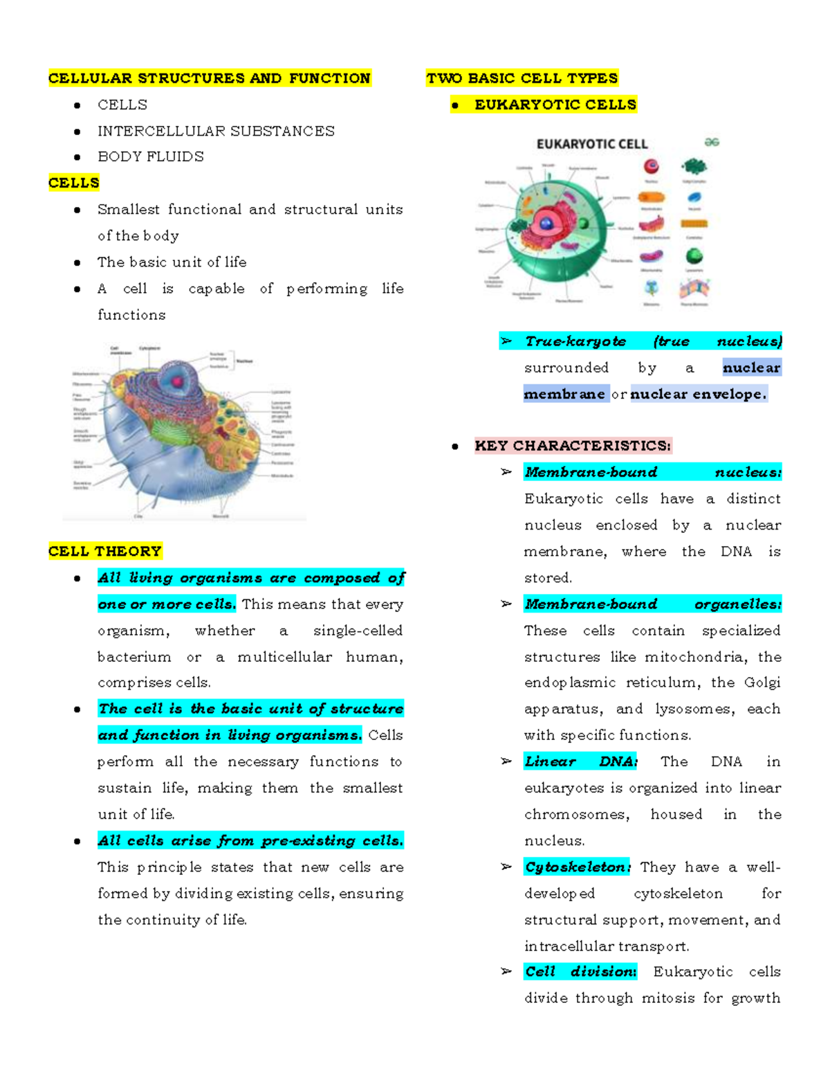 Cellular Structures AND Function - CELLULAR STRUCTURES AND FUNCTION CELLS INTERCELLULAR - Studocu