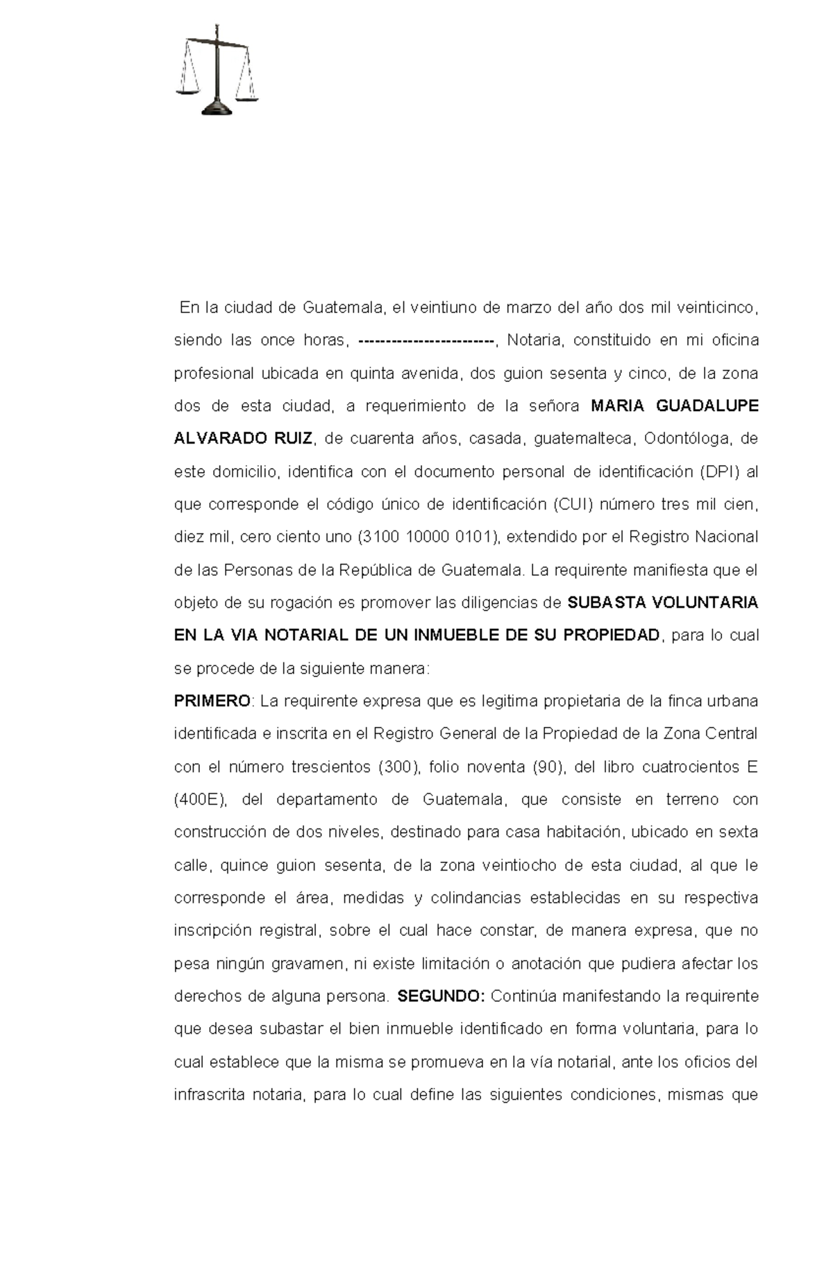 Acta Notarial de Subasta Voluntaria - María Guadalupe Alvarado Ruiz ...