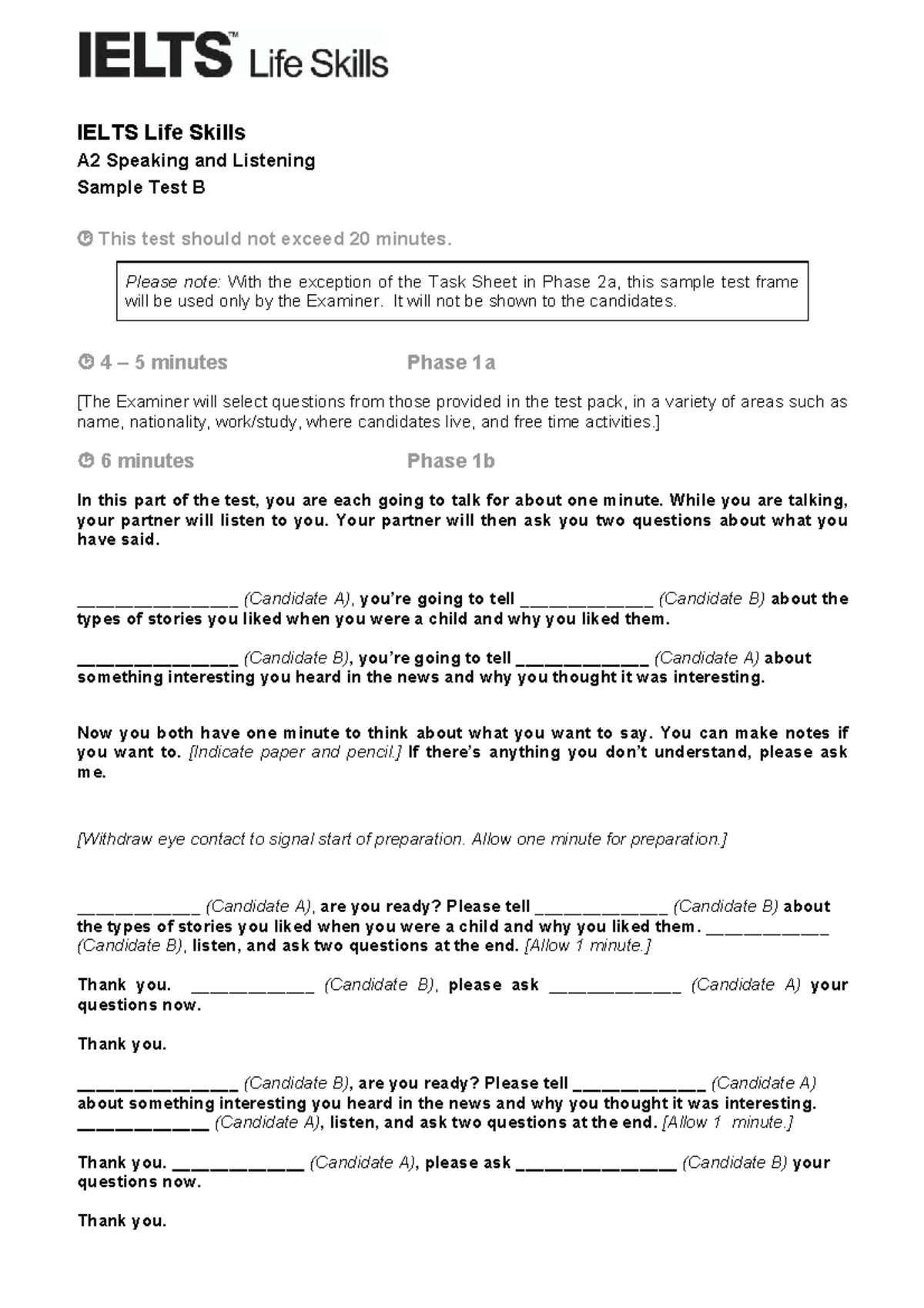 IELTS Life Skills A2 Speaking & Listening Sample Test B - Studocu