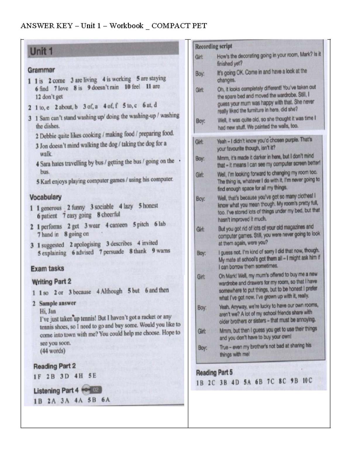 KEY - Unit 1 Workbook Answers - Compact PET - Studocu