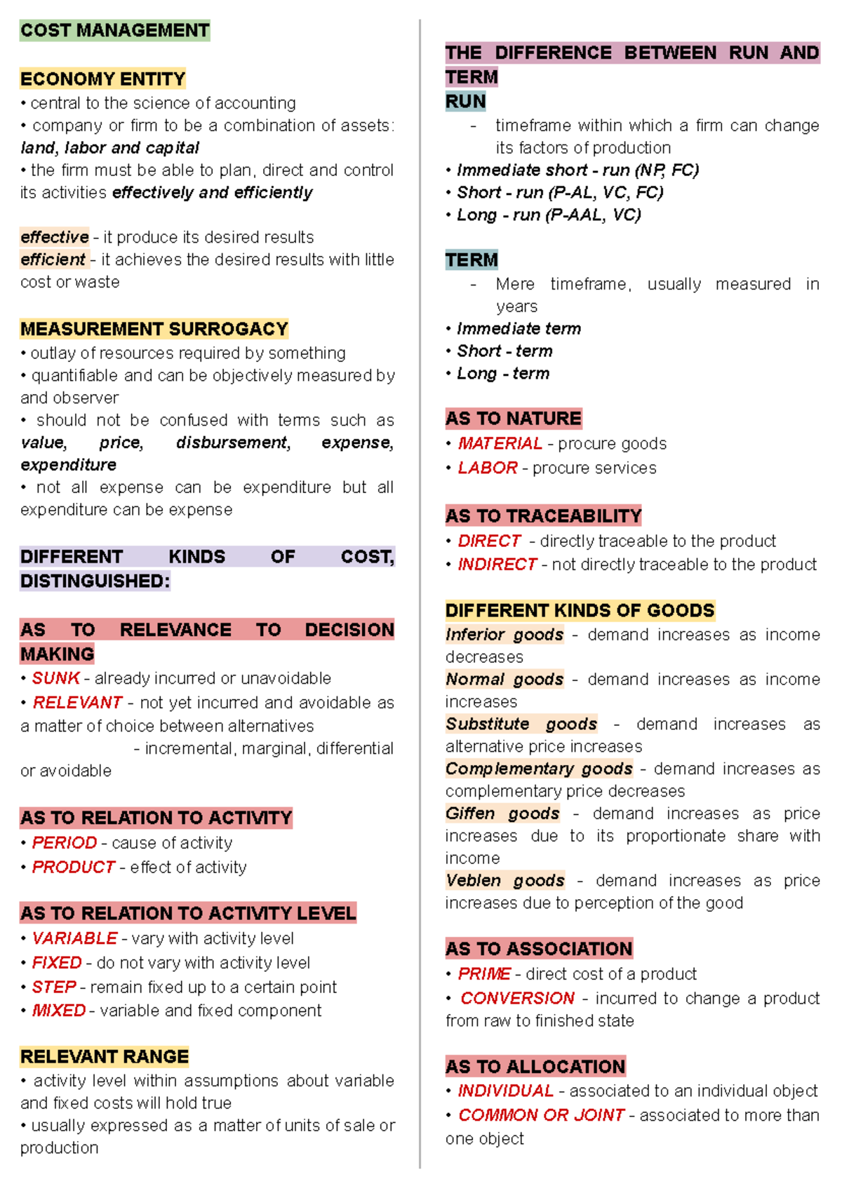Cost Accounting Reviewer - COST MANAGEMENT ECONOMY ENTITY • central to ...