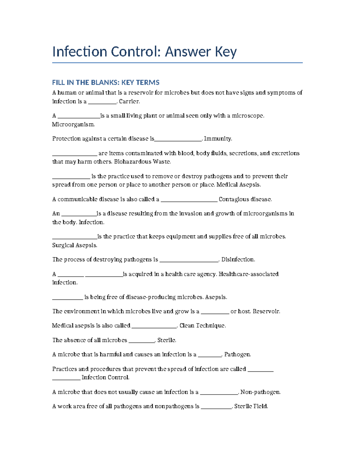 Infection Control Key Terms & Answers for HCA 101 Exam Review - Studocu