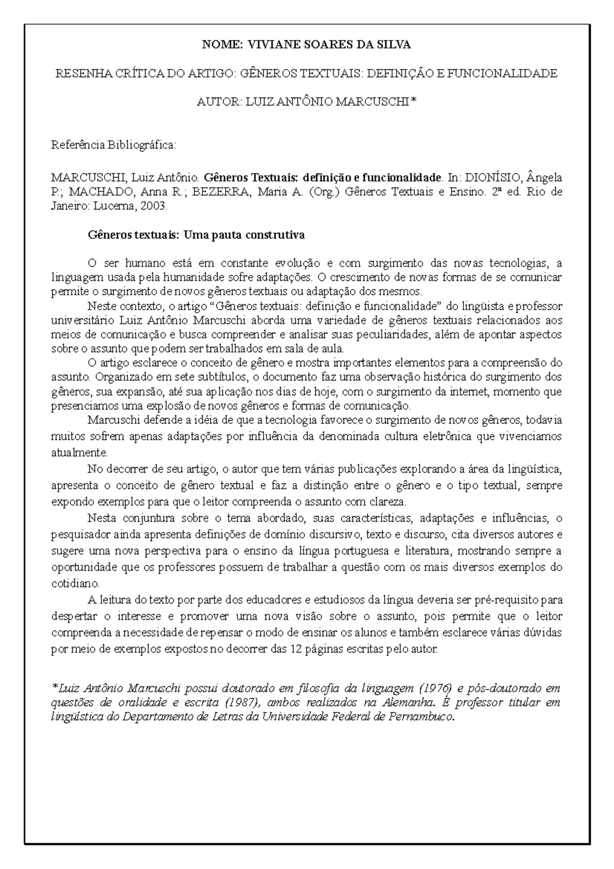 Resenha Crítica: Gêneros Textuais por Luiz Antônio Marcuschi - Studocu