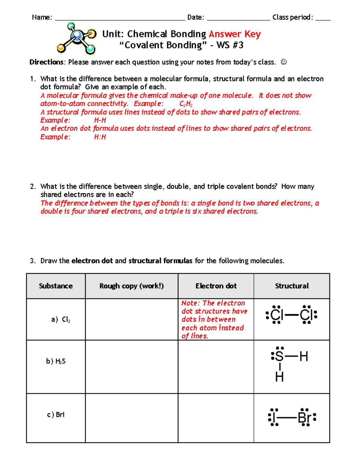 Chemistry 1 Covalent Bond Worksheet Answers CH150: Chapter 4
