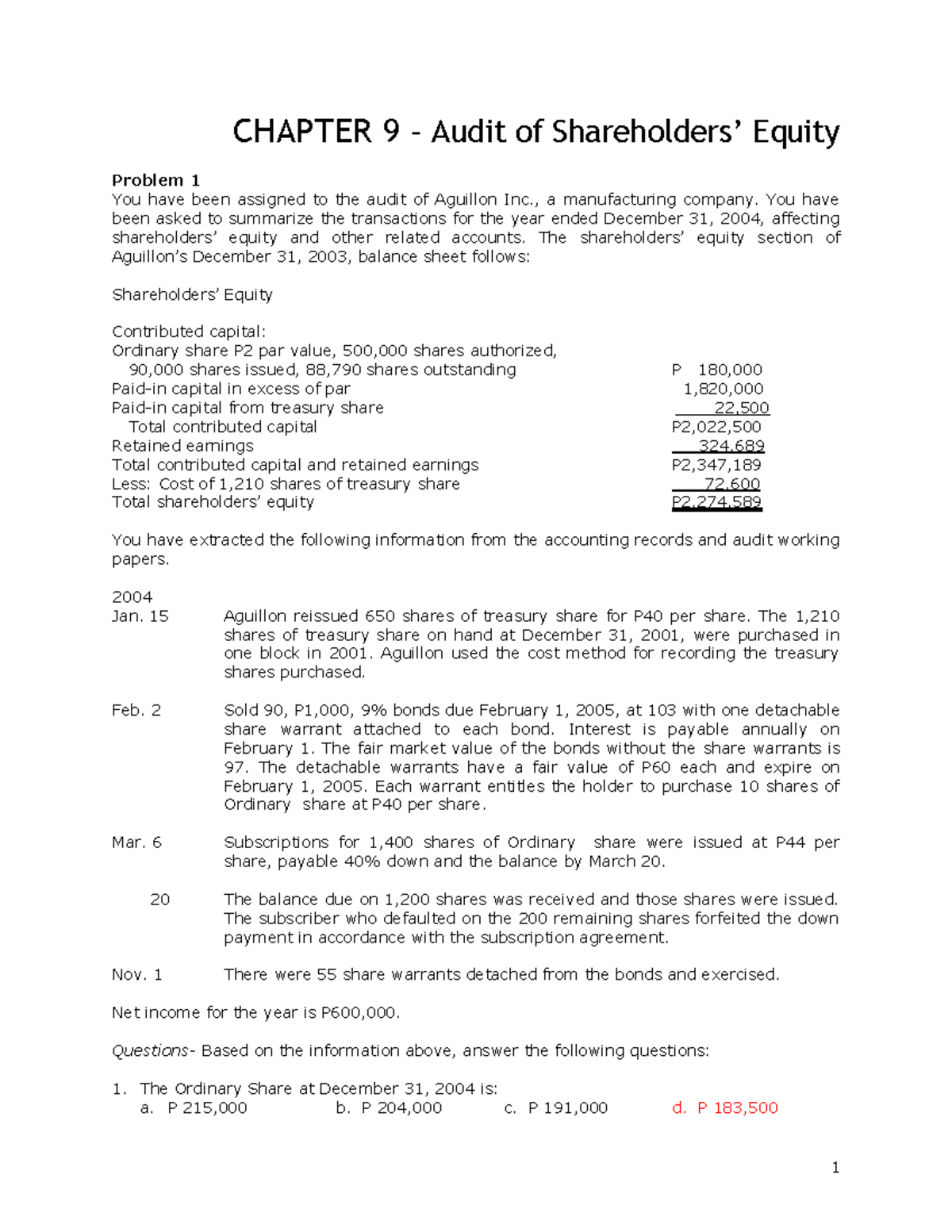 Audit of Shareholders' Equity - Chapter 9 Summary and Exercises - Studocu
