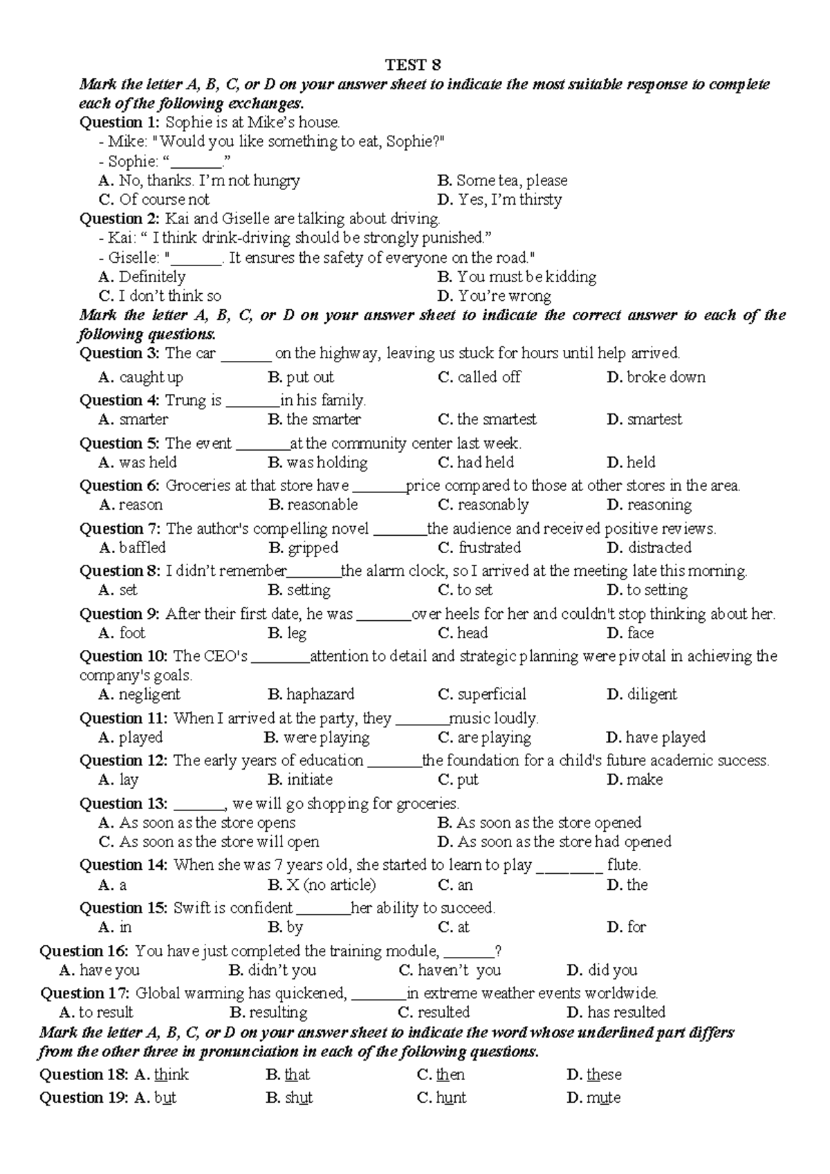 Test 8 - Multiple Choice Questions and Answers - Course 401 - Studocu