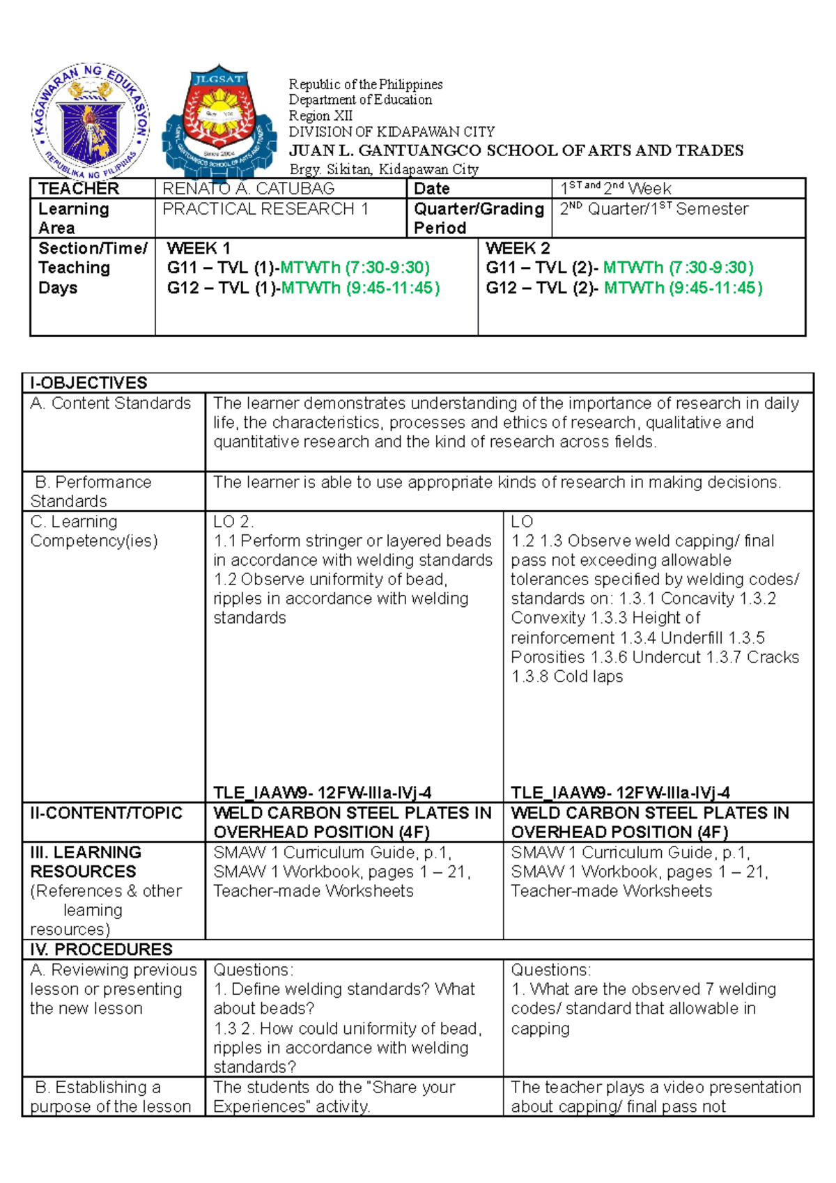 DLL-SMAW Q2-W1-2: Welding Standards for Carbon Steel Plates - Studocu