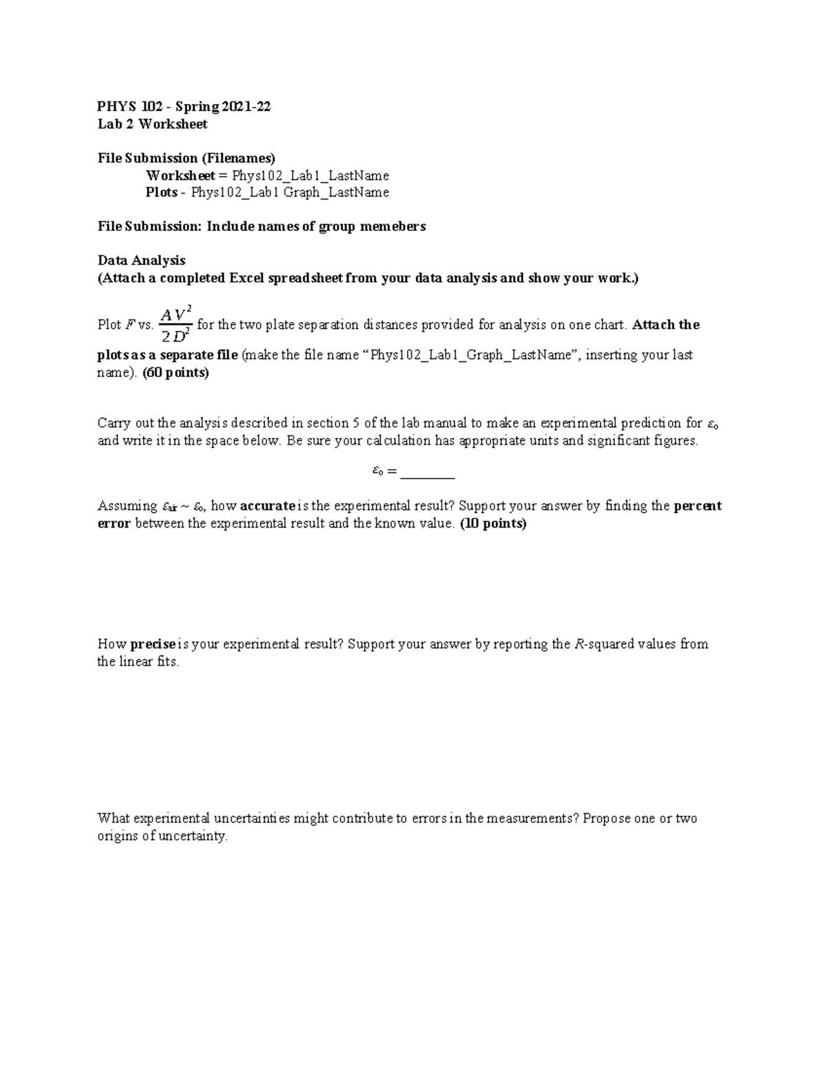 PHYS 102 Lab 2 Worksheet: Electrostatic Force Between Plates Analysis ...