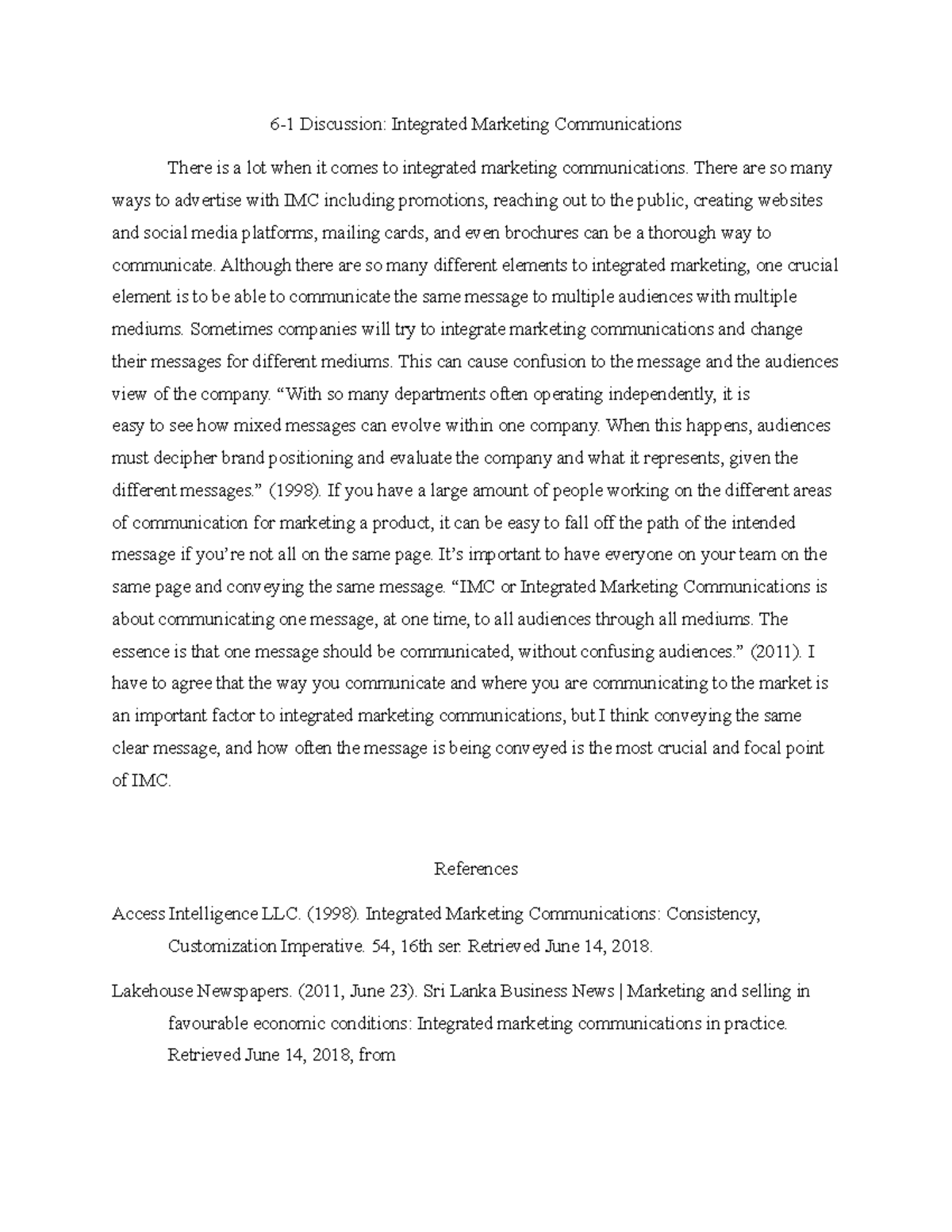 6-1 Discussion Integrated Marketing Communications - Discussion ...